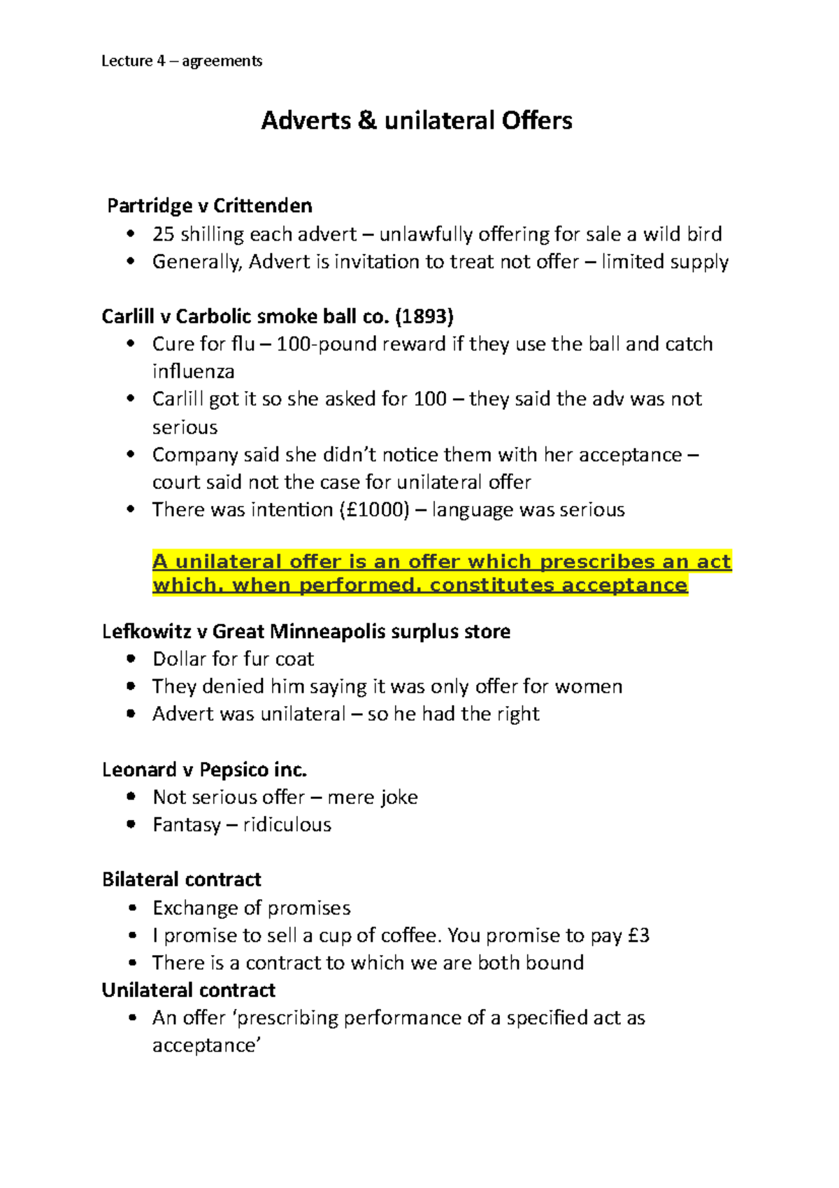 Lecture 7 Adverts & unilateral - LAWS63071 - Manchester - StuDocu