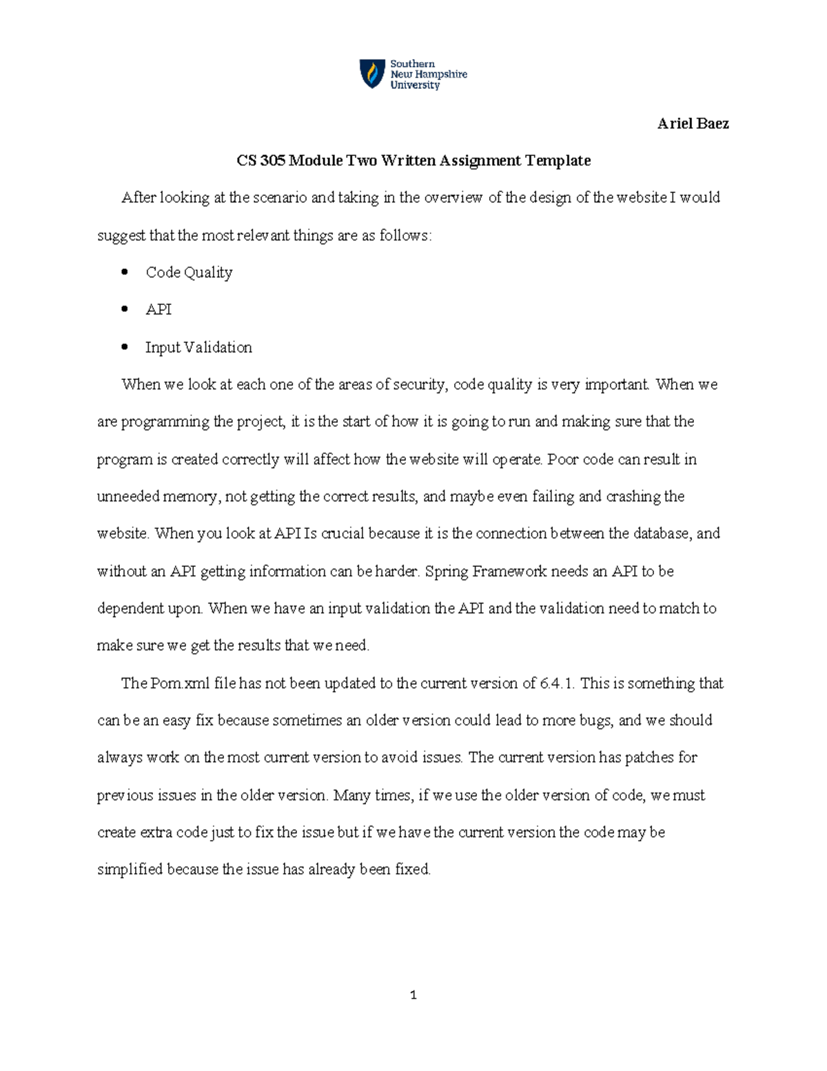 CS305 2-1 Written - Ariel Baez CS 305 Module Two Written Assignment ...