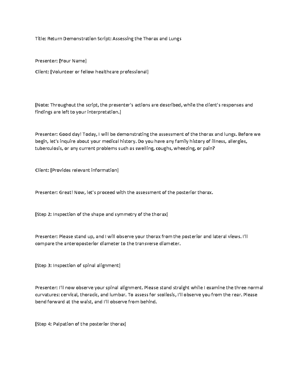 Assessing Thorax and Lungs DEMO - Title: Return Demonstration Script ...