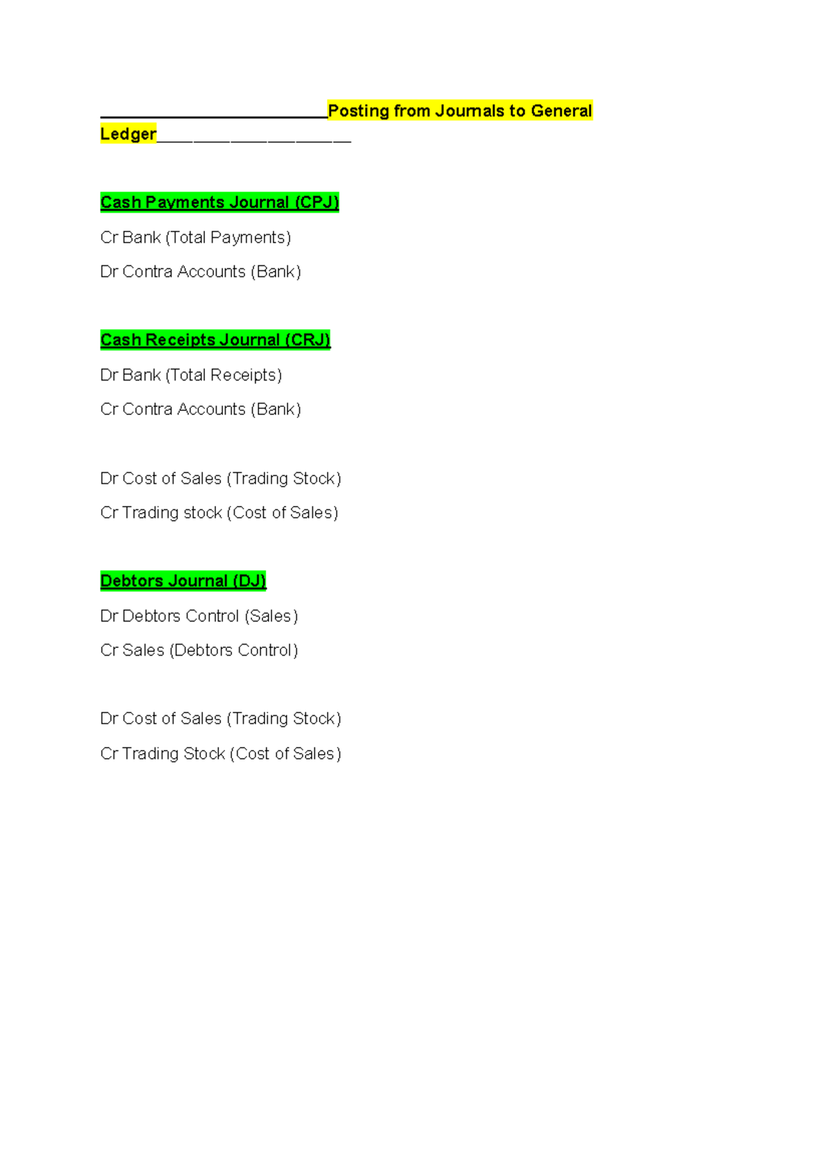 Posting from Journals to General Ledger - Posting from Journals to ...