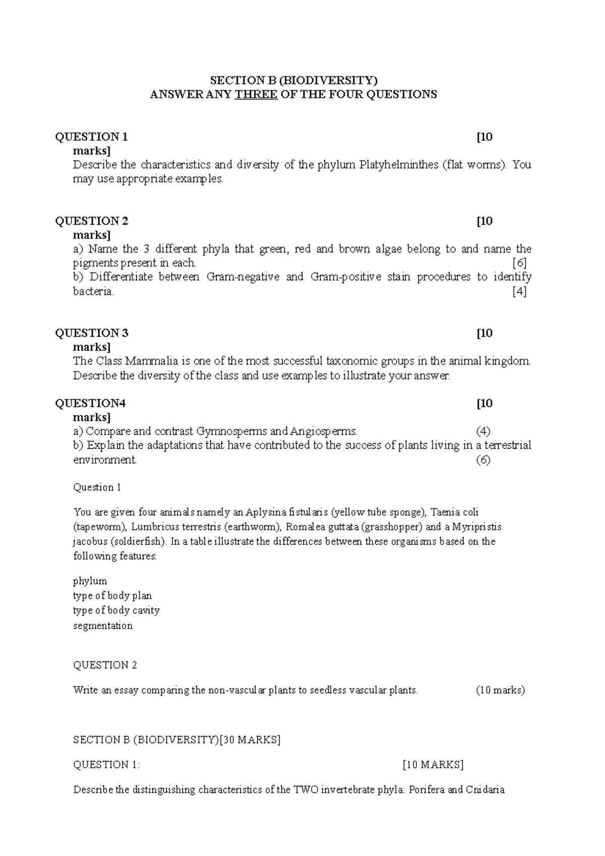 LSC142 Typical EXAM Question - SECTION B (BIODIVERSITY) ANSWER ANY ...