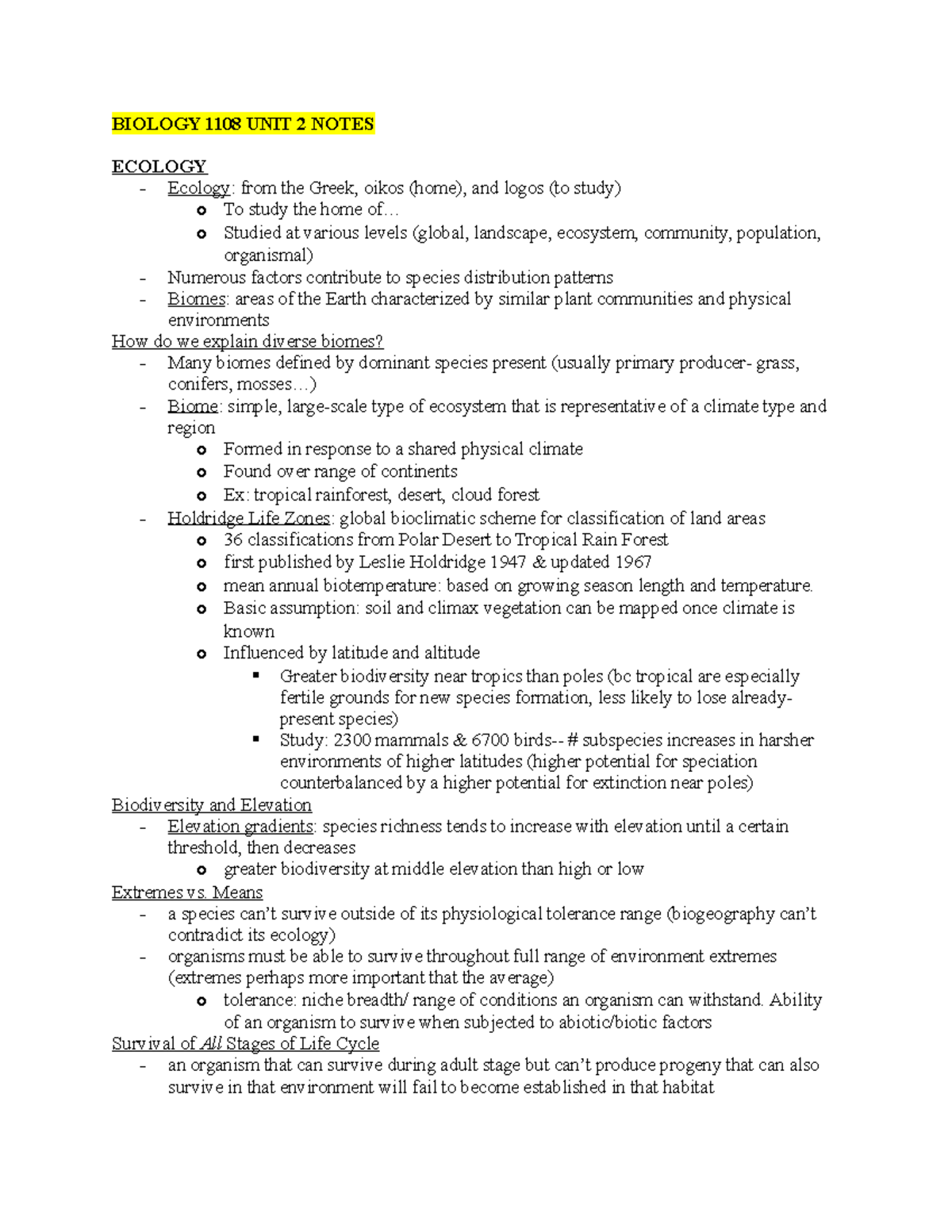 BIO 1108 UNIT 2 Notes - BIOLOGY 1108 UNIT 2 NOTES ECOLOGY - Ecology ...