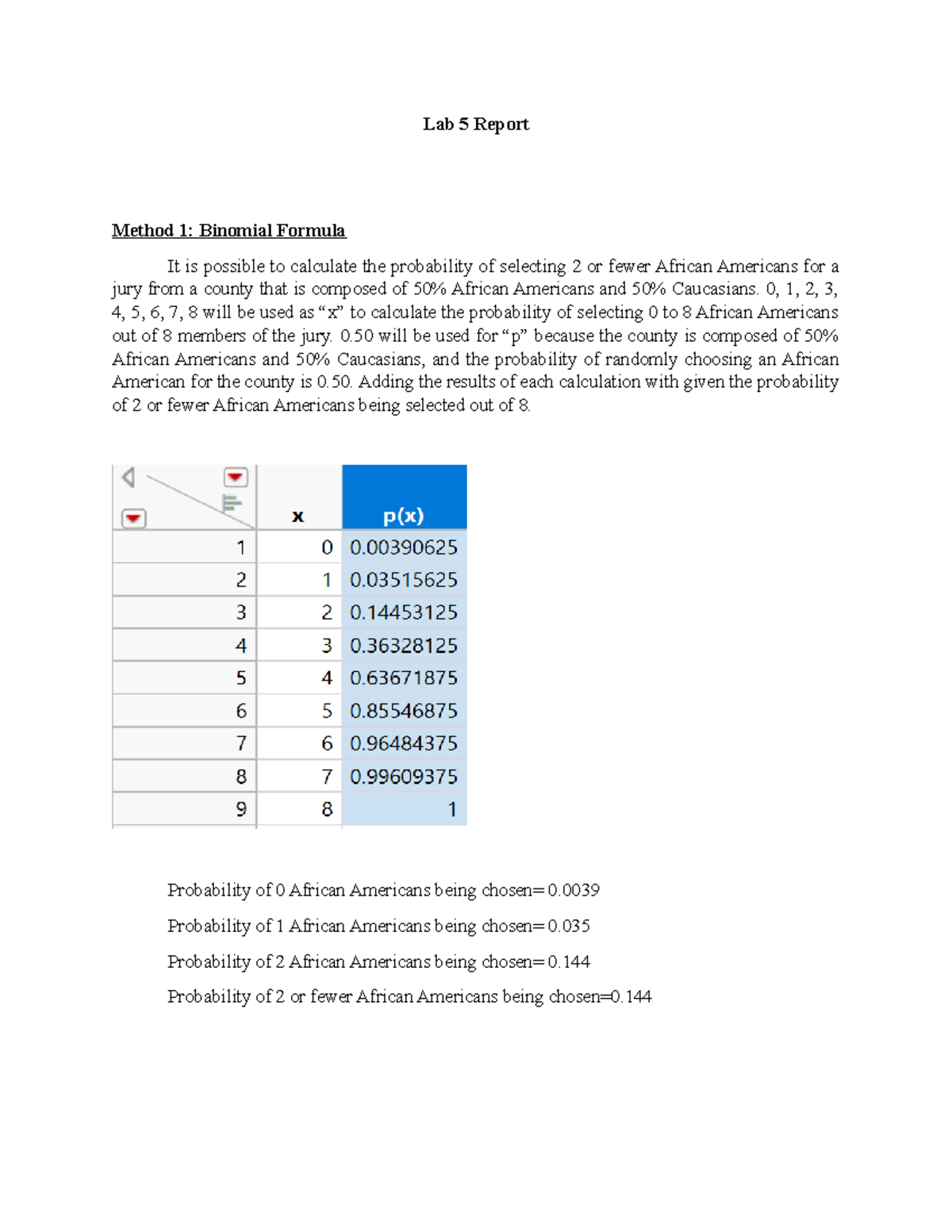 Lab 5 Report ( Stats) - Lab 5 Report Method 1: Binomial Formula It is ...