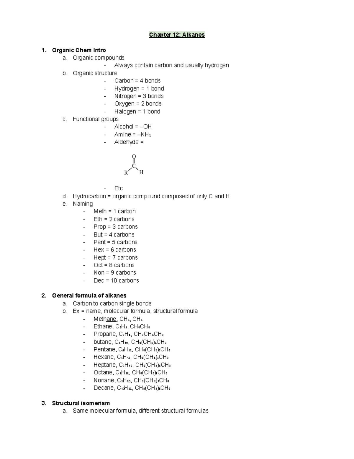 Exams 1 & 2 Notes - Chapter 12: Alkanes 1. Organic Chem Intro a ...