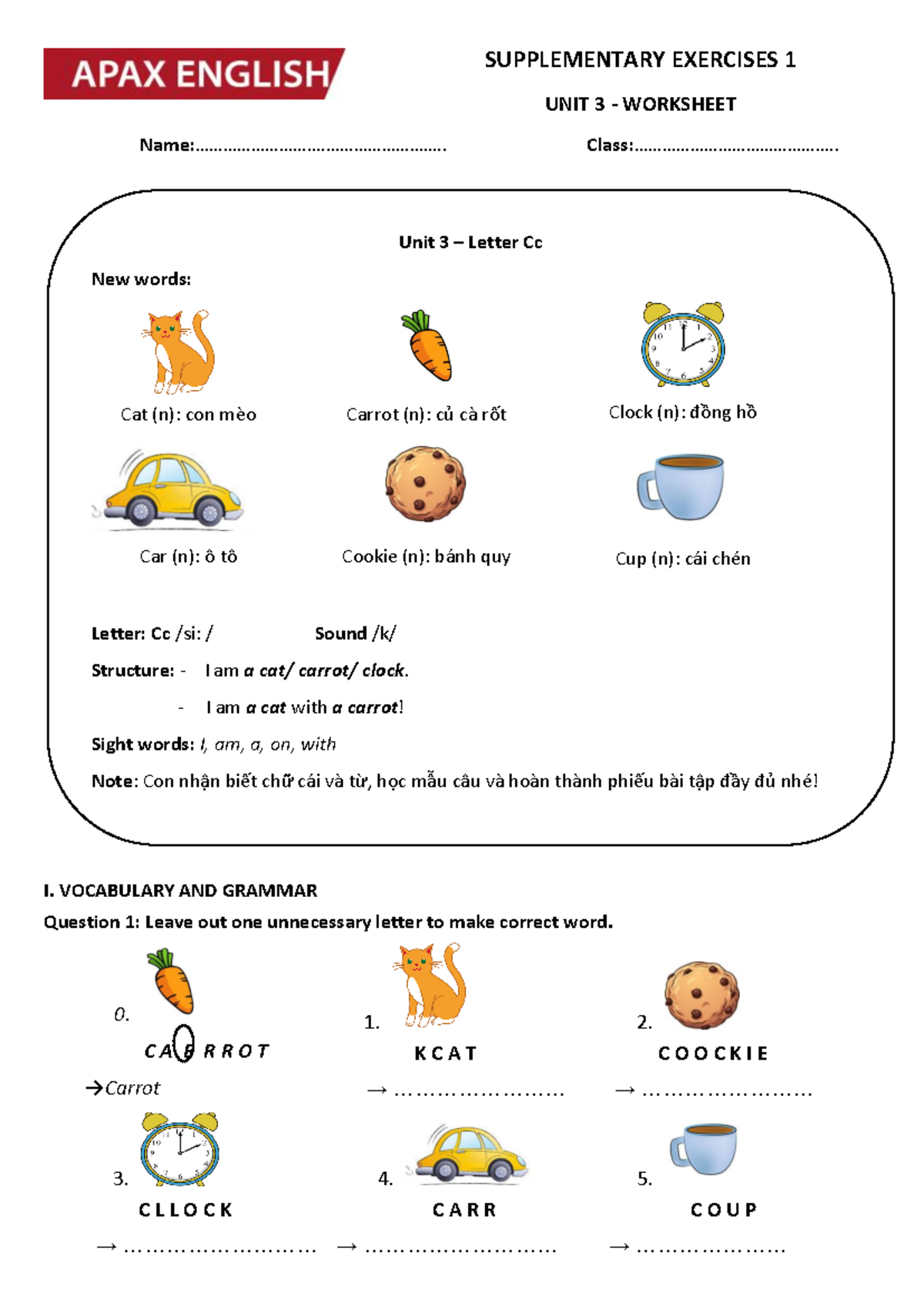 03. Grade 1 - Unit 3 - Worksheet - SUPPLEMENTARY EXERCISES 1 UNIT 3 ...