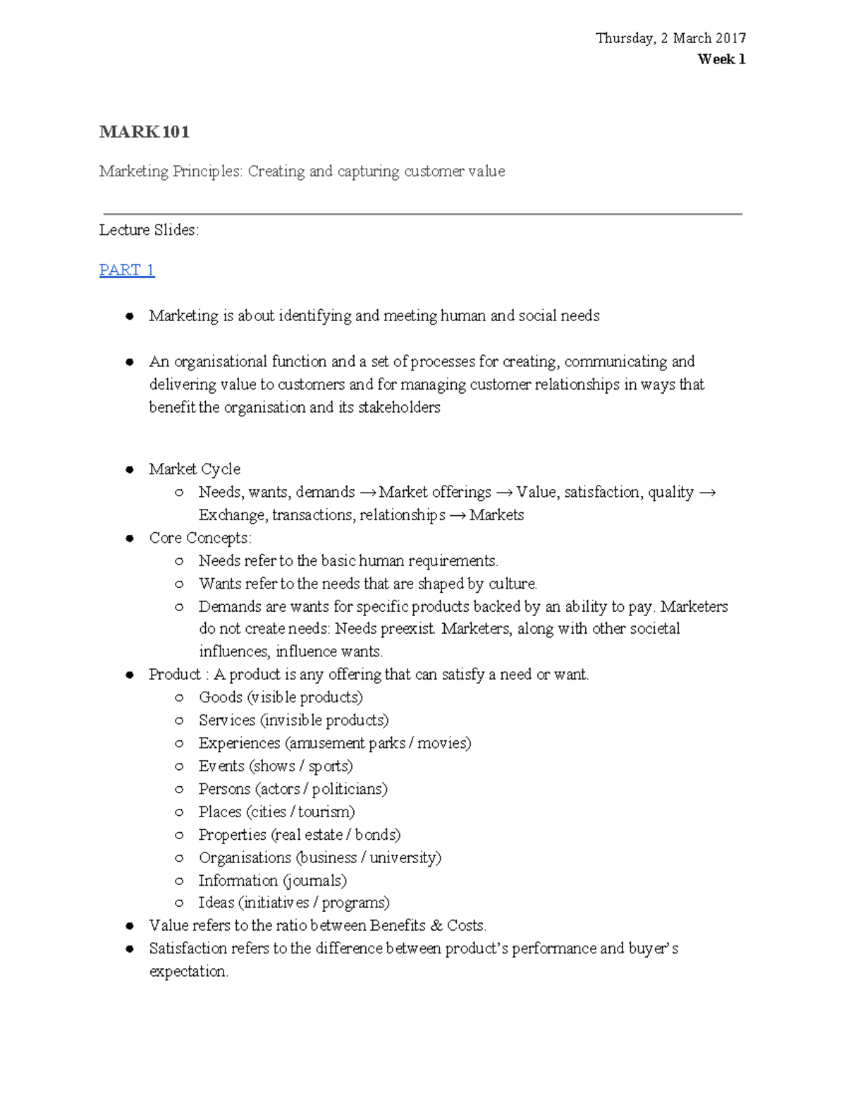 Week 1 - mark101 - Week 1 MARK Marketing Principles: Creating and ...