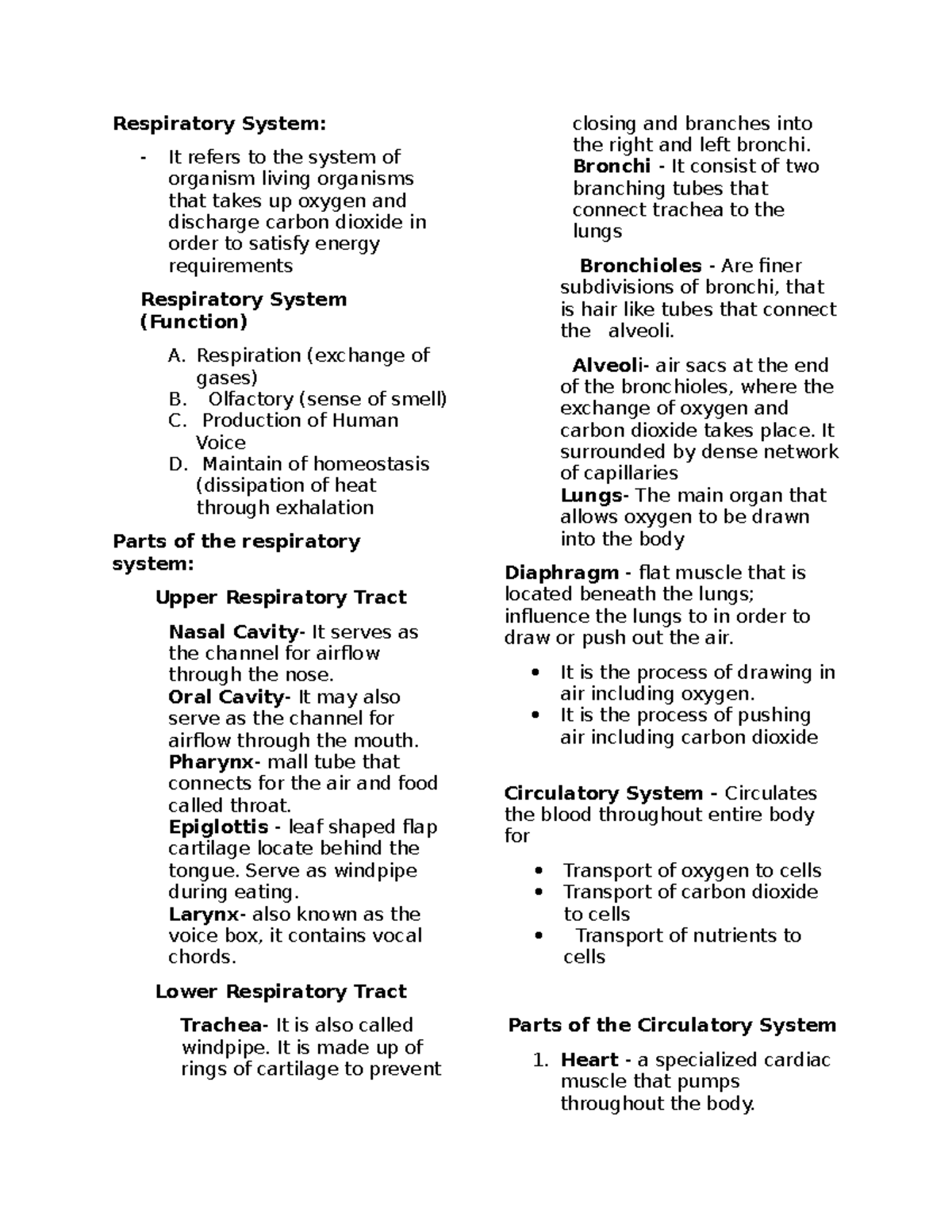 Respiratory and Circulatory System - Respiratory System: It refers to ...