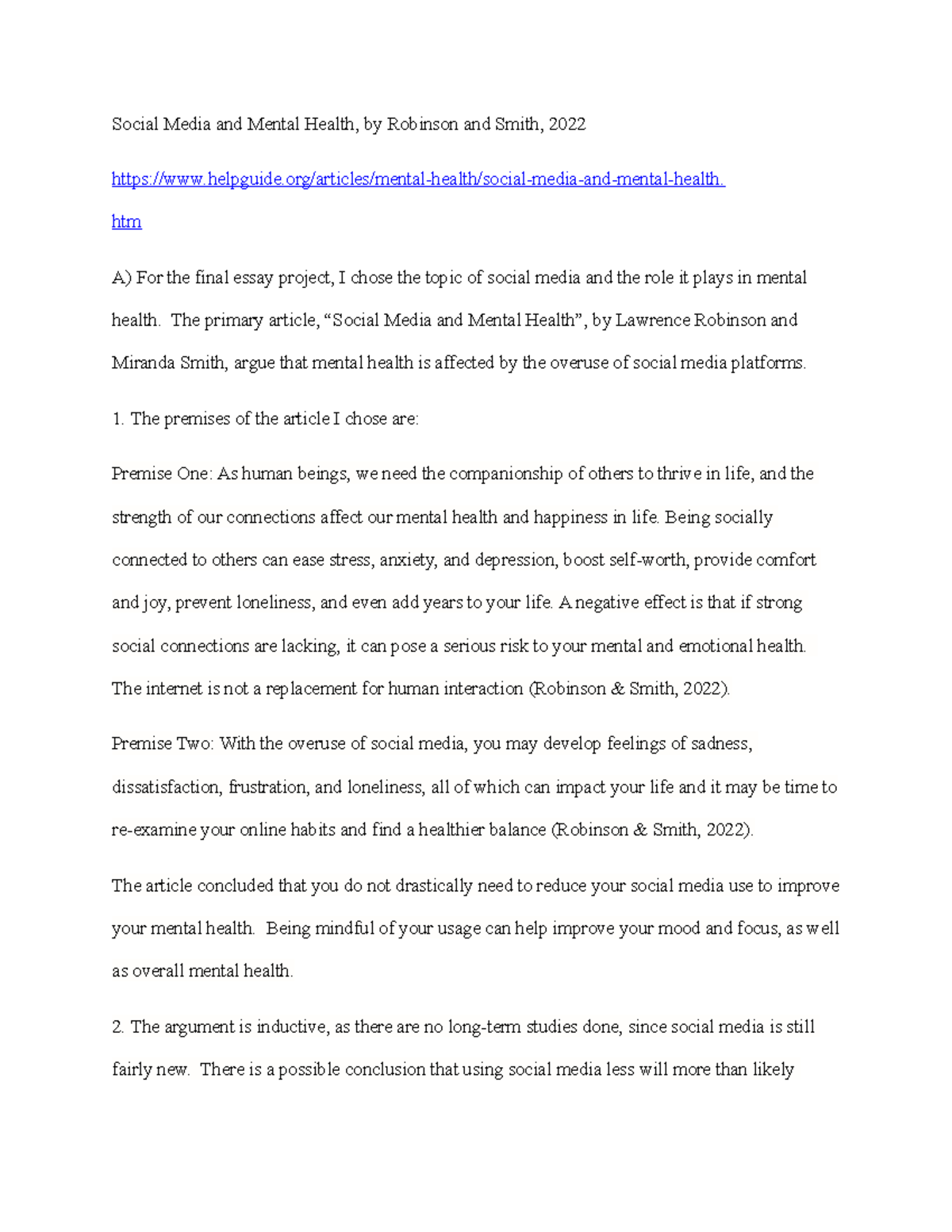 Discussion Four - Social Media and Mental Health, by Robinson and Smith ...