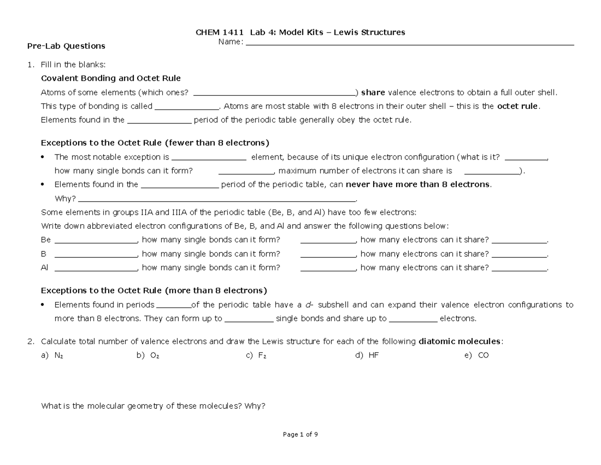 CHEM 1411 Lab 4 Lewis Structures L - Pre-Lab Questions Name: Fill in ...