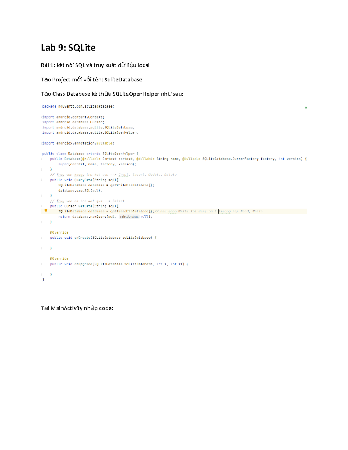 Lab 9 SQLite - PRM - Lab 9: SQLite Bài 1: kếết nốếi SQL và truy xuấết d ữ li ệu local T ạo ...