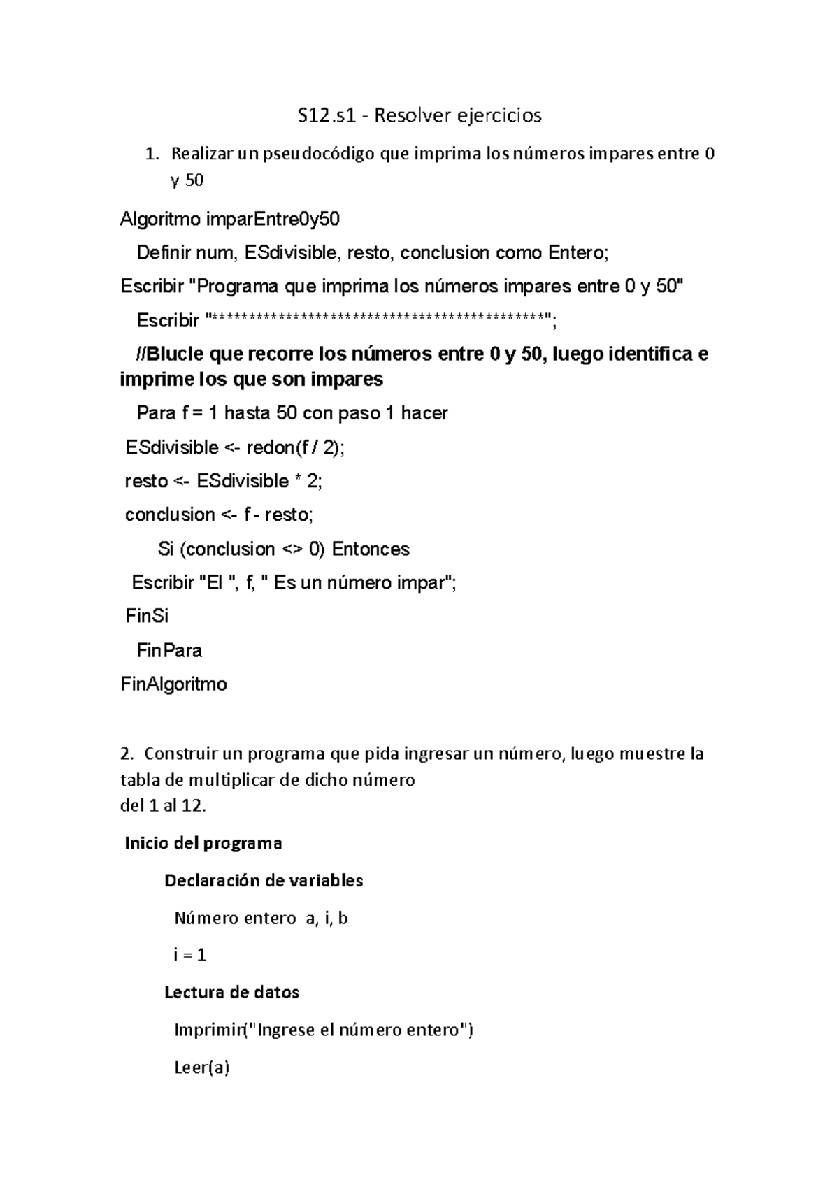 Trabajo de algoritmos Separata de trabajo 12 - S12 - Resolver ejercicios Realizar un ...