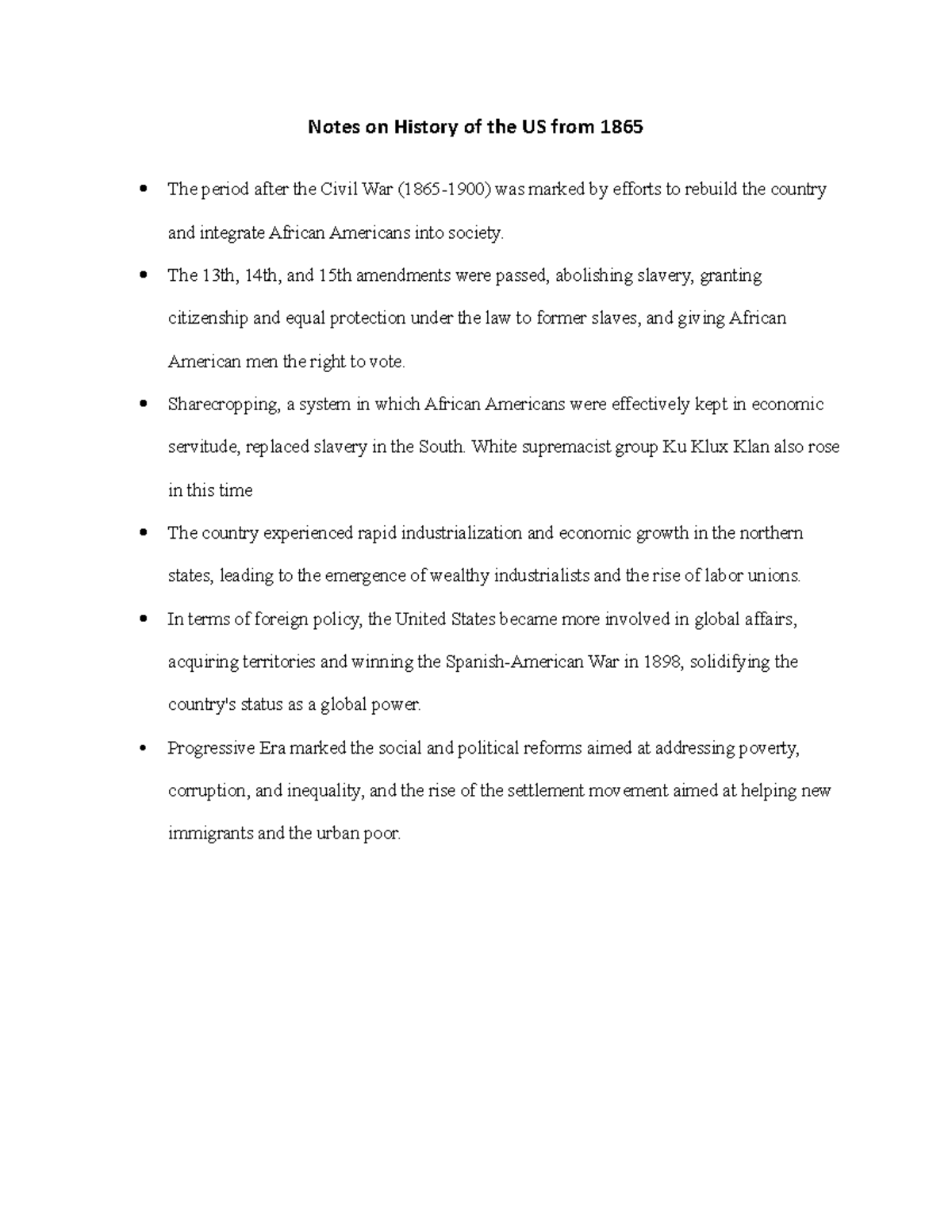 Lecture Notes on History of the US from 1865 - Notes on History of the ...