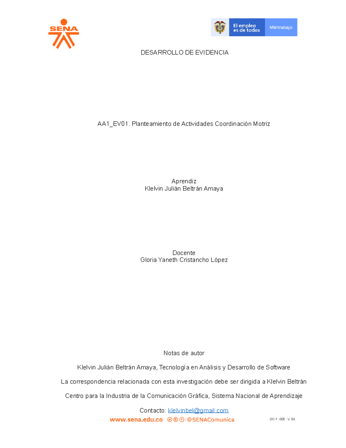 Desarrollo Coordinacion-Motriz Klel - DESARROLLO DE EVIDENCIA AA1_EV01 ...