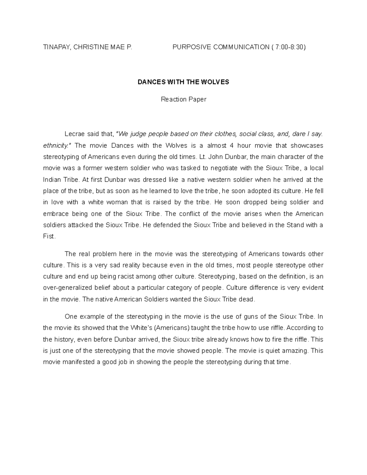 Reaction paper dances with the wolves - TINAPAY, CHRISTINE MAE P ...