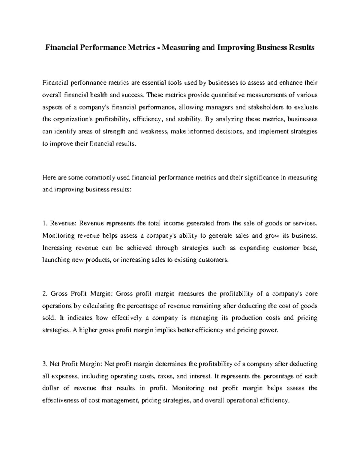 Financial Performance Metrics - Measuring and Improving Business ...
