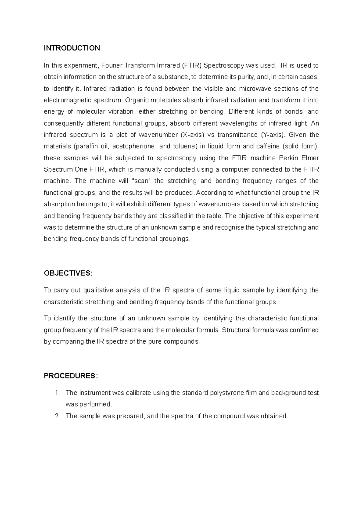FTIR - LABORATORY REPORT - INTRODUCTION In this experiment, Fourier ...