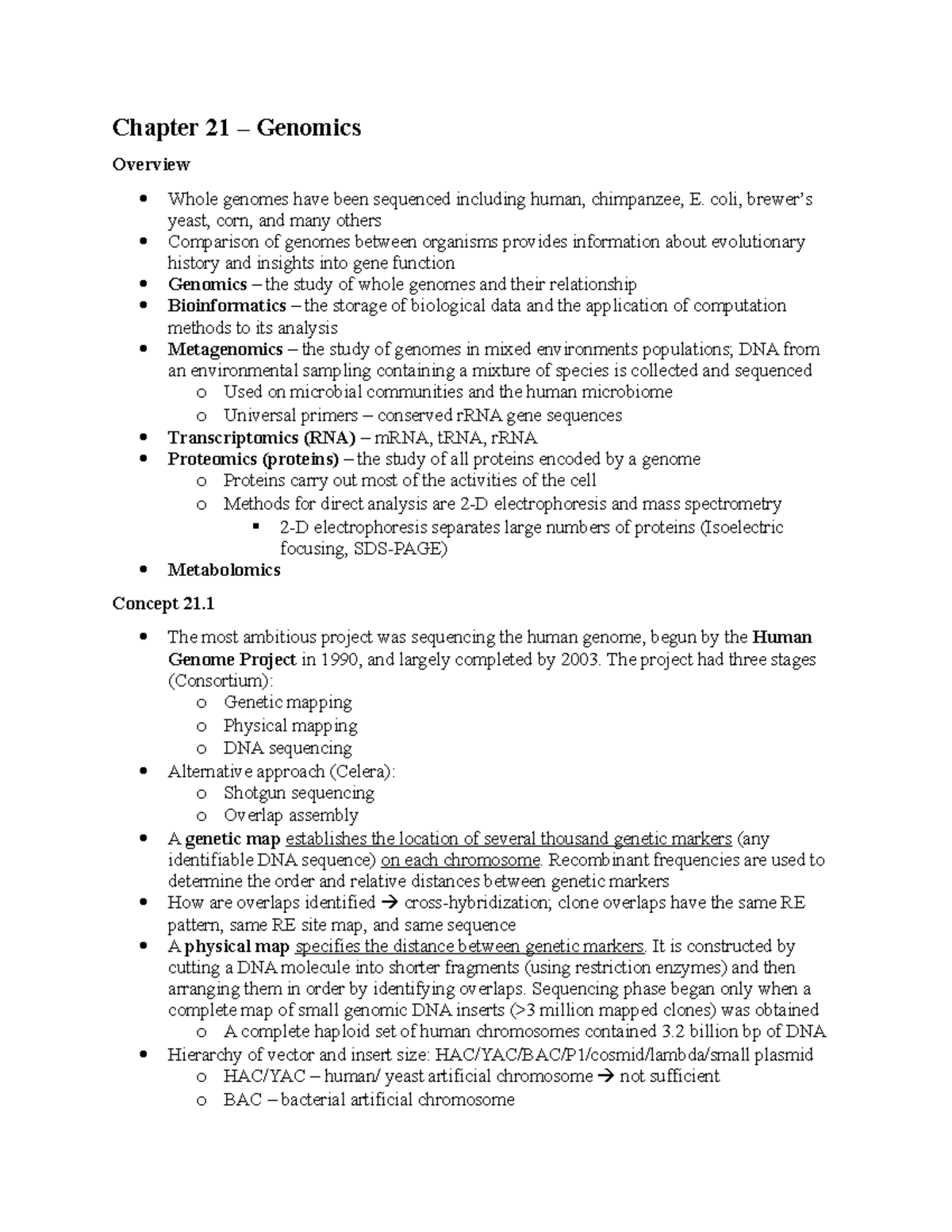 Chp 21, Chp 5 lecture notes - Chapter 21 – Genomics Overview Whole ...