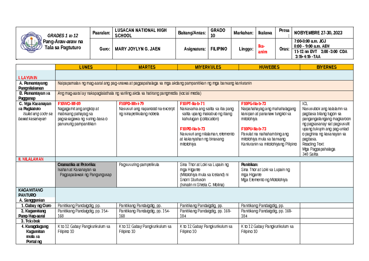 DLL Filipino 10-Aralin 2.2-d-print eto - GRADES 1 to 12 Pang-Araw-araw ...