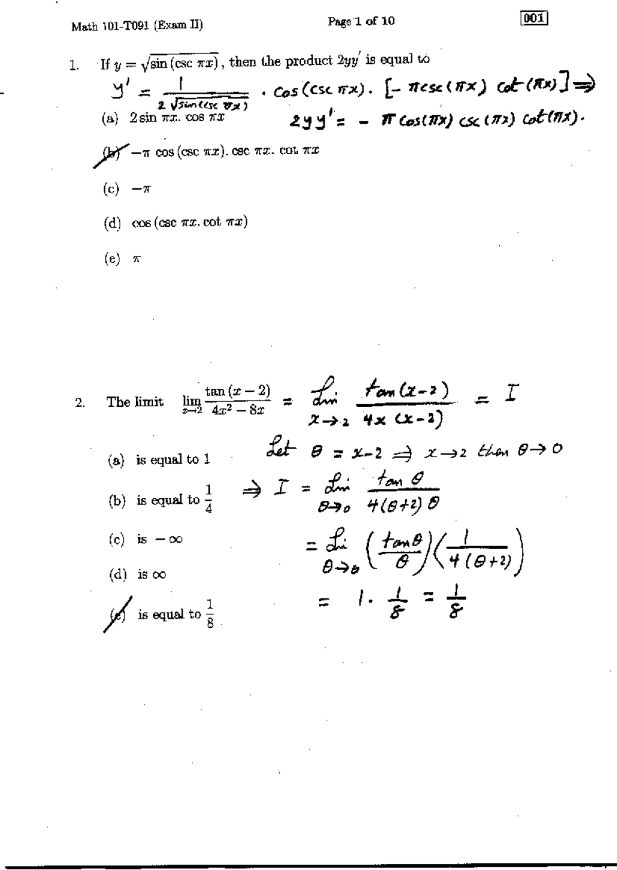 MATH101 091 Old-Exam Second-Major Solved - Prep Math I - Studocu