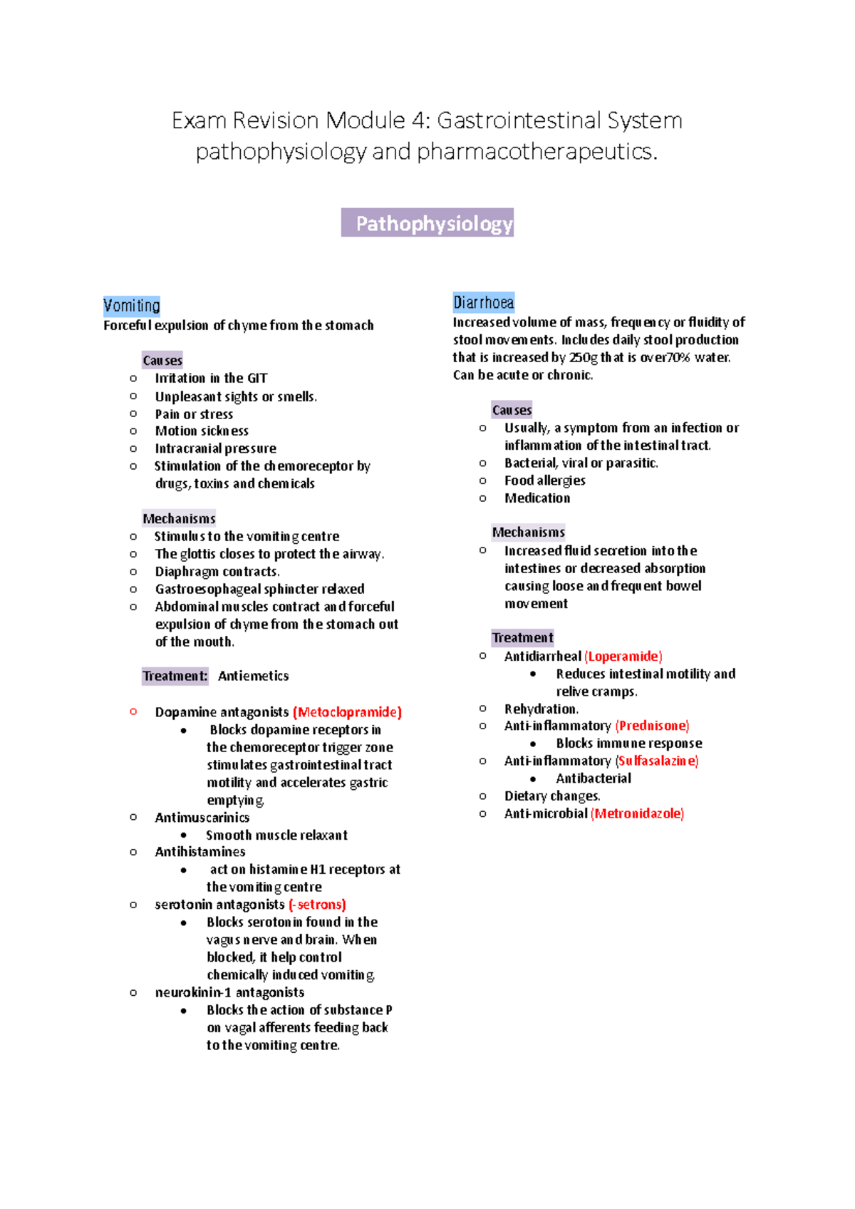 Exam Revision Module 4 Gastrointestinal System pathophysiology and ...