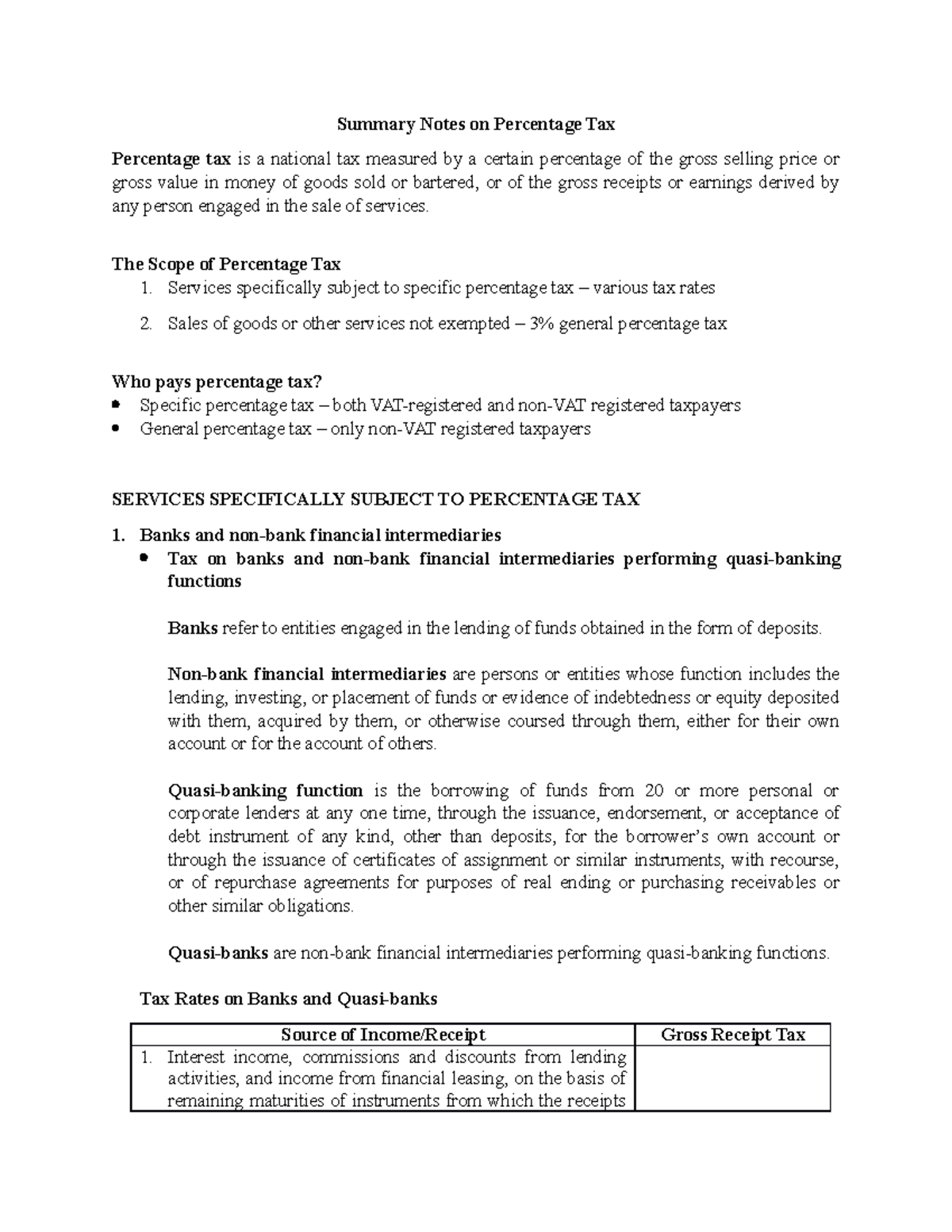 Summary Notes on Percentage Tax - Summary Notes on Percentage Tax ...