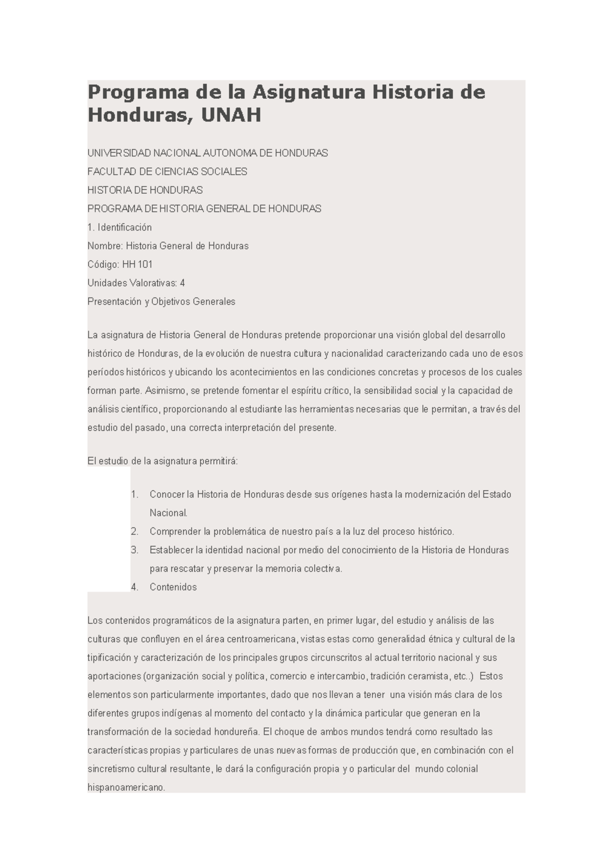 Programa de la Asignatura Historia de Honduras - Programa de la Asignatura Historia de Honduras ...