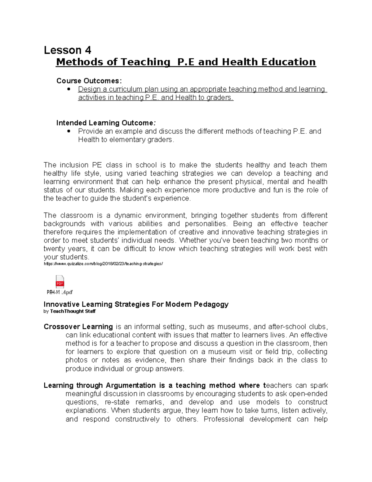4 Lesson 4 Methods of Teaching PE and Health - and Health to graders ...