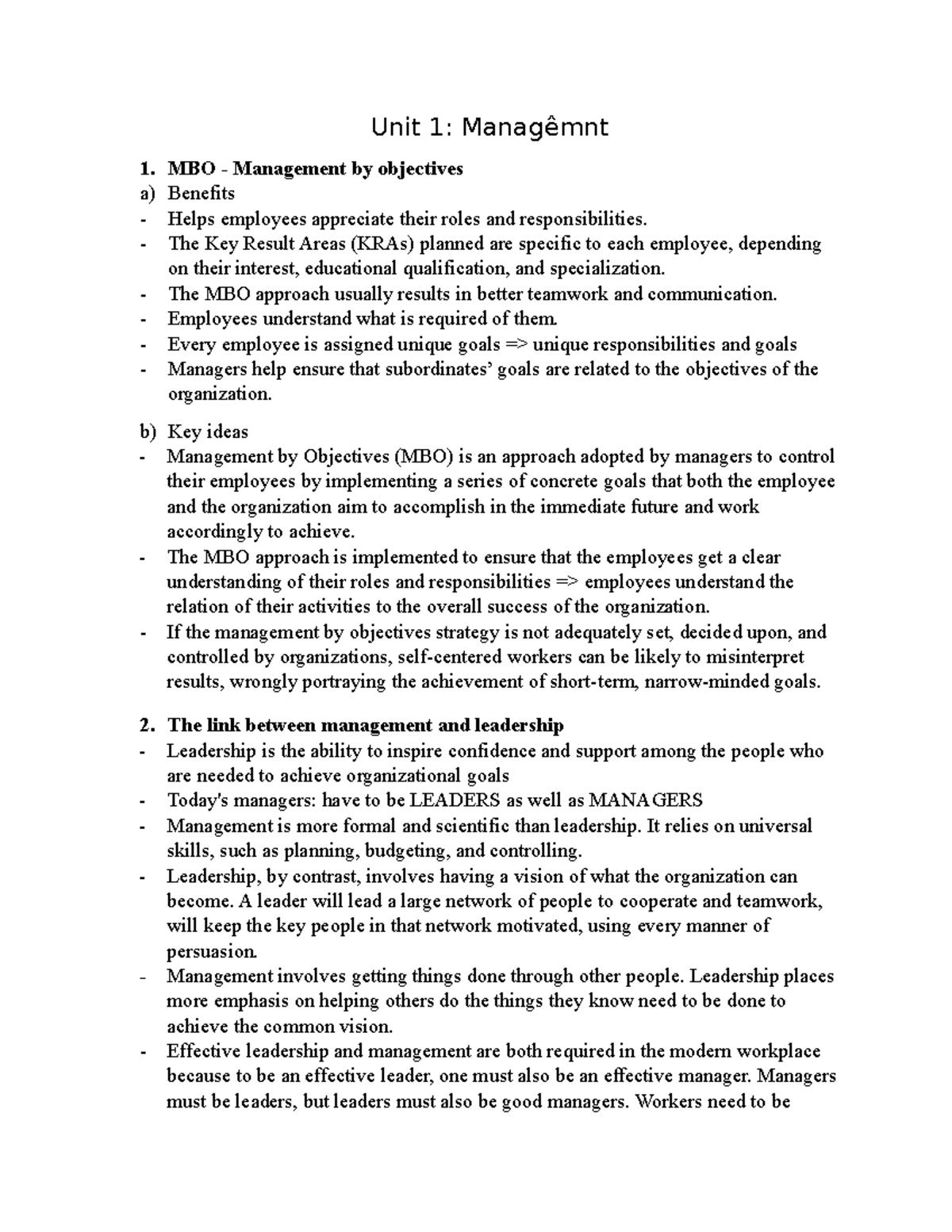 Unit 1. Management - Summary Unit 1 of English for Business course ...
