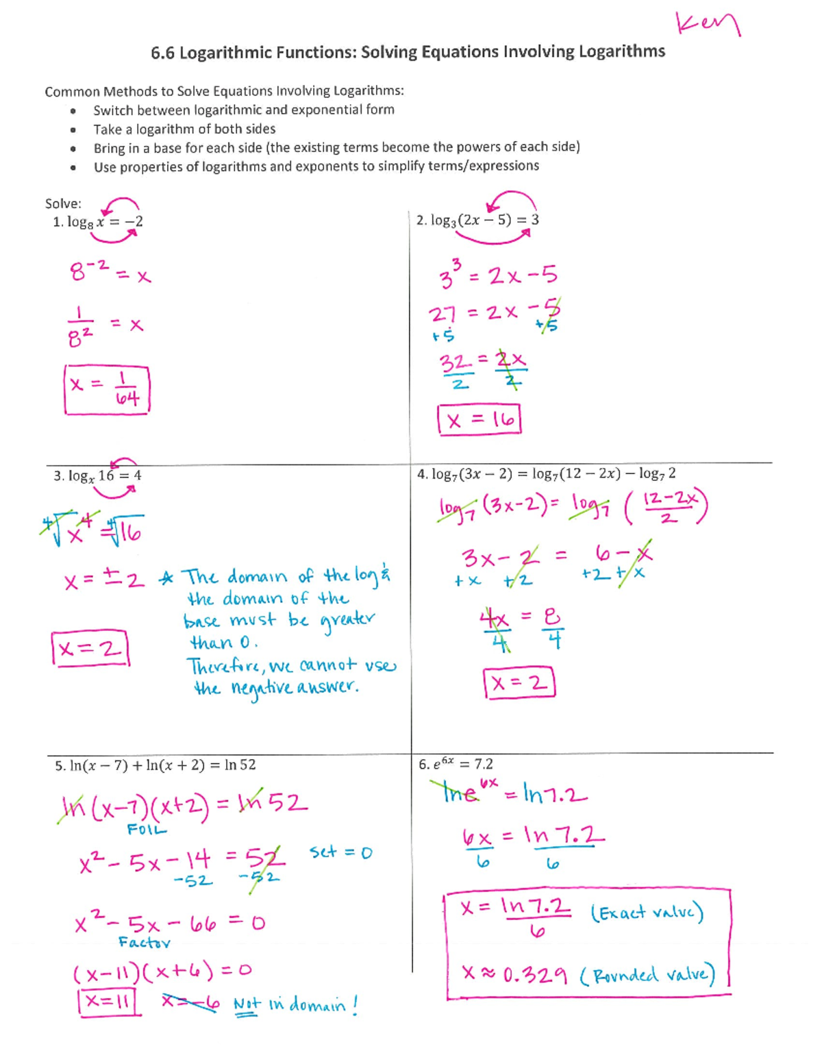 6.6 Solving Equations Involving Logs KEY - Studocu