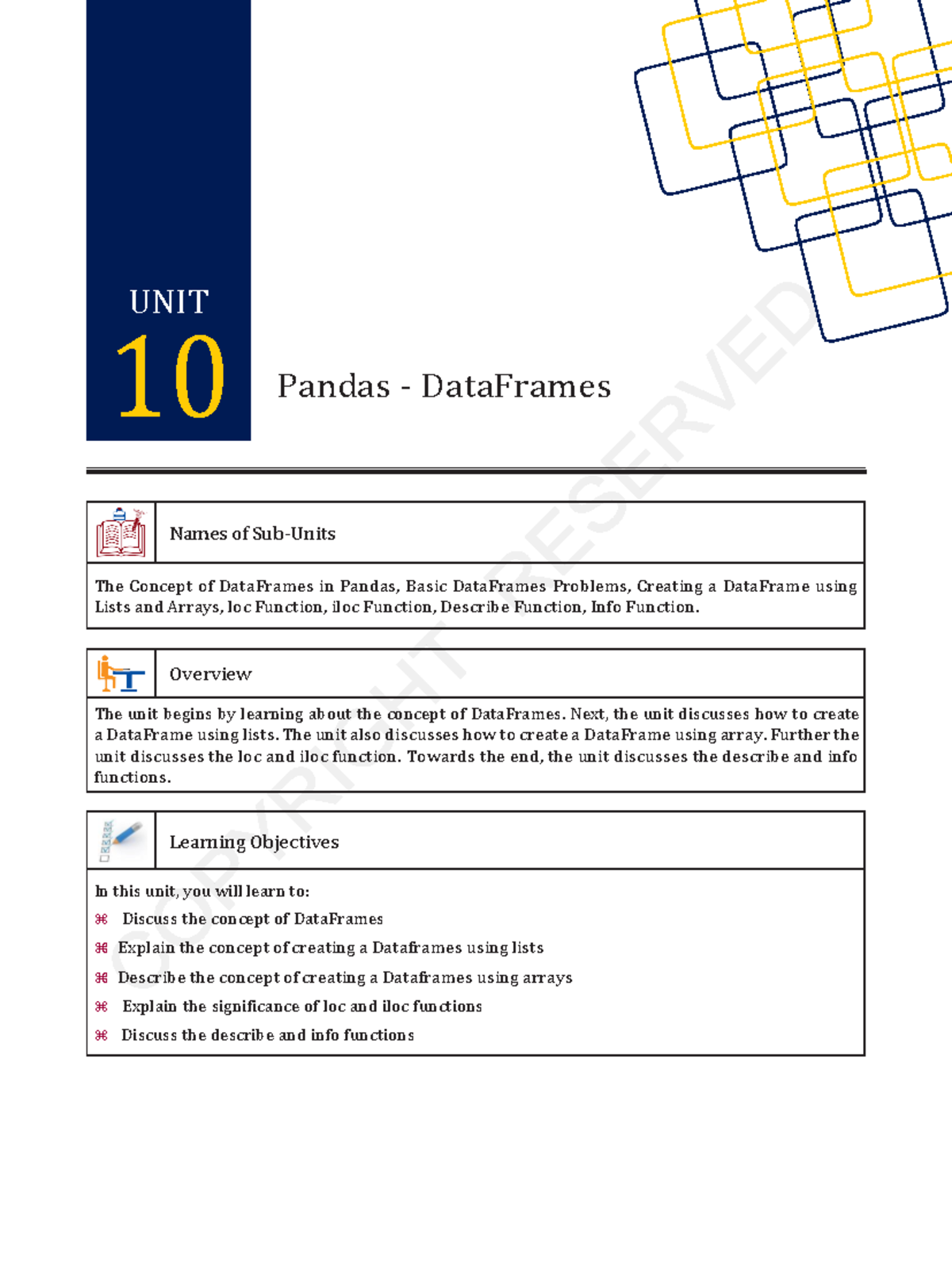 10 Python Chapters Pandas Dataframes Names Of Sub Units The Concept Of Dataframes In