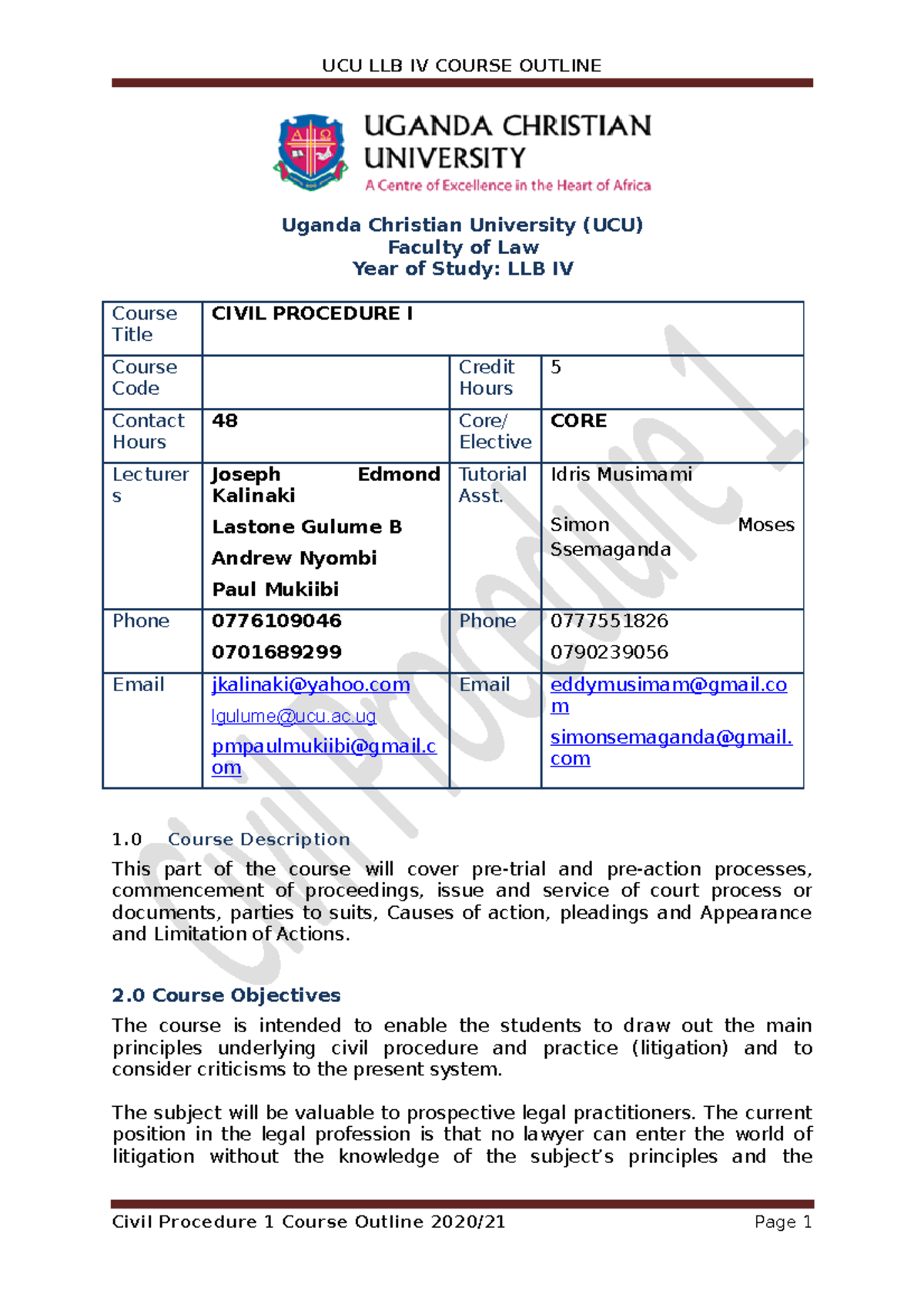 LLB IV Course Outline CP1 2020 21 UCU copy - Uganda Christian ...