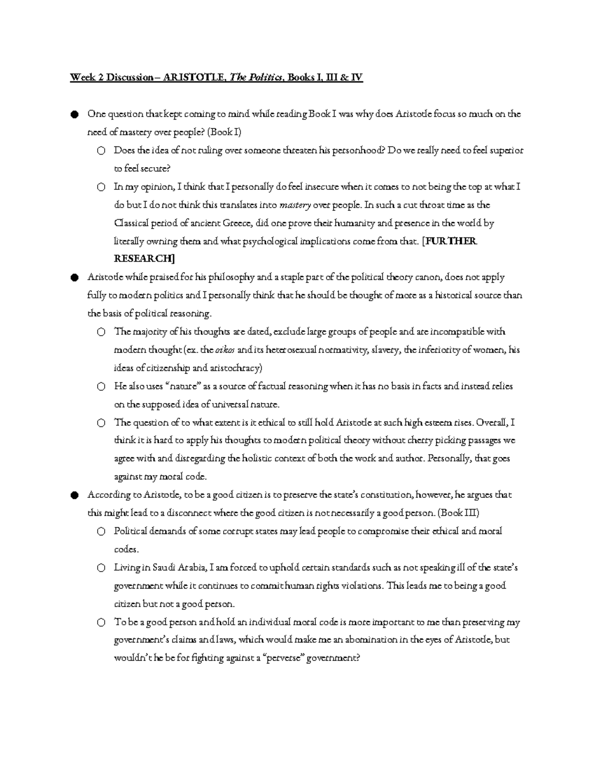 Week 2 Discussion– Aristotle, The Politics, Books I, III and IV - Week ...