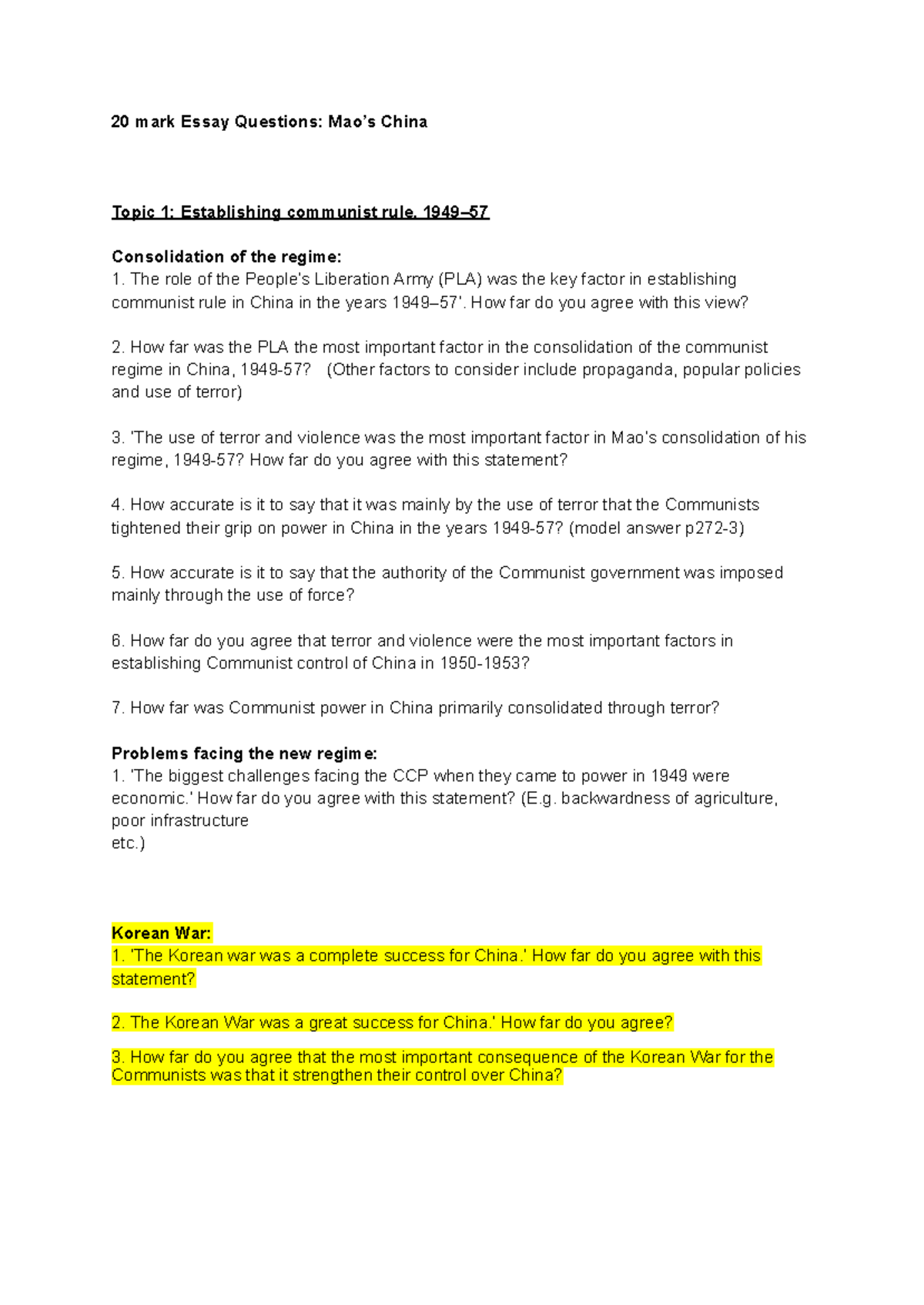 20 mark Essay Questions Mao’s China - How far do you agree with this ...