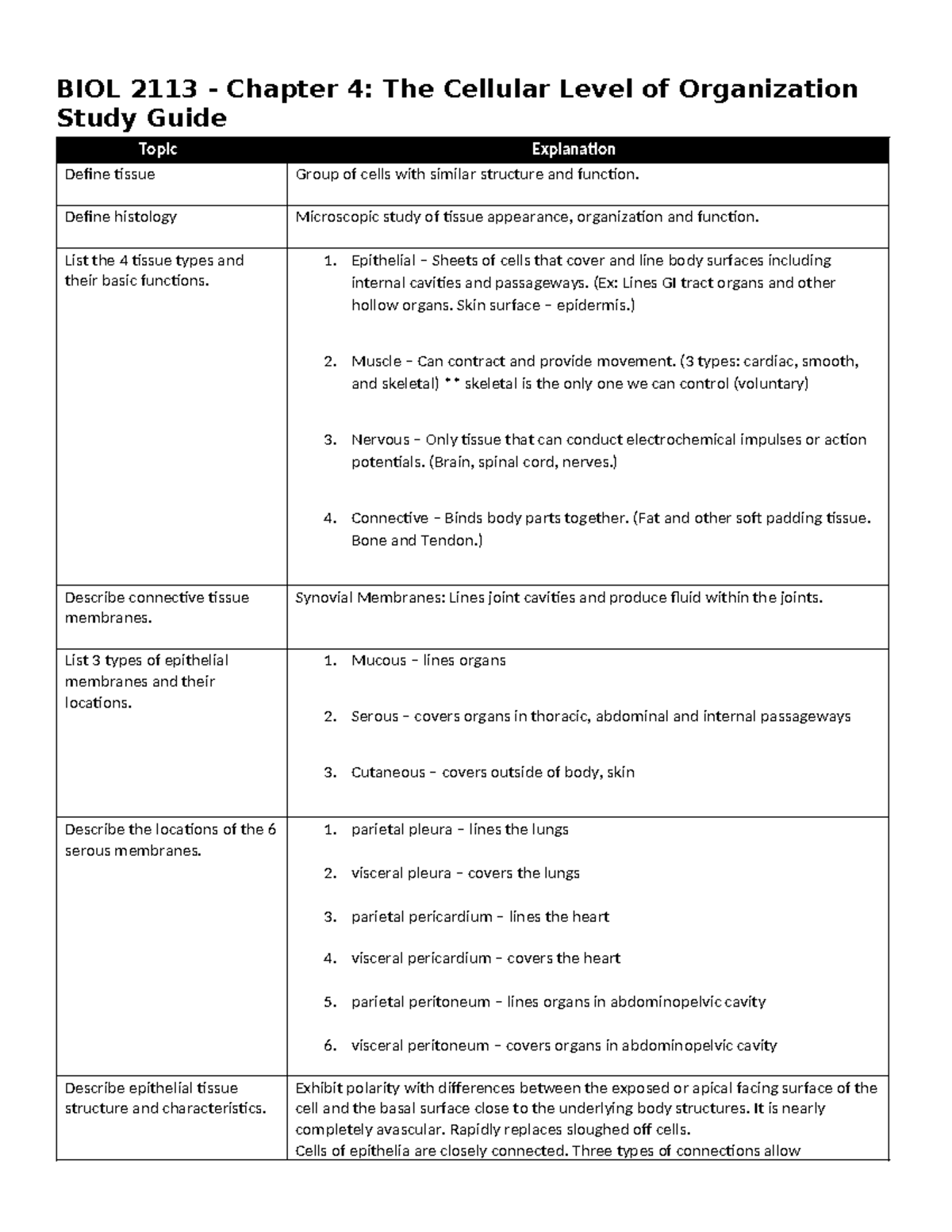 AP1 Ch4 Study Guide - BIOL 2113 - Chapter 4: The Cellular Level of ...