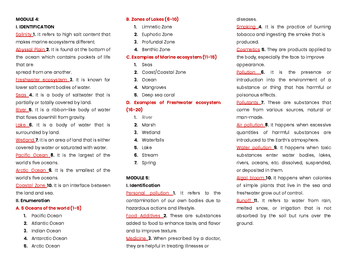 PEE Module 4-6 Reviewer - MODULE 4: I. IDENTIFICATION Salinity 1. It refers to high salt content ...
