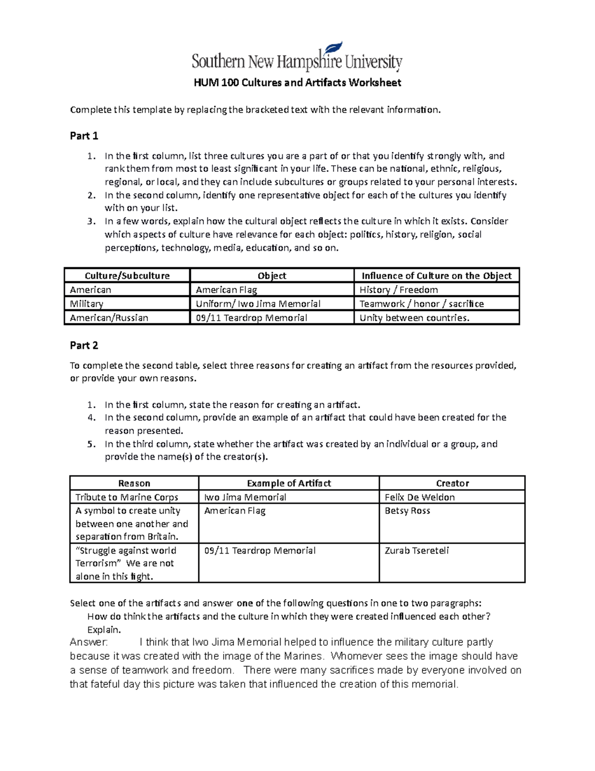 HUM 100 Cultures and Artifacts Worksheet - HUM 100 - SNHU - Studocu