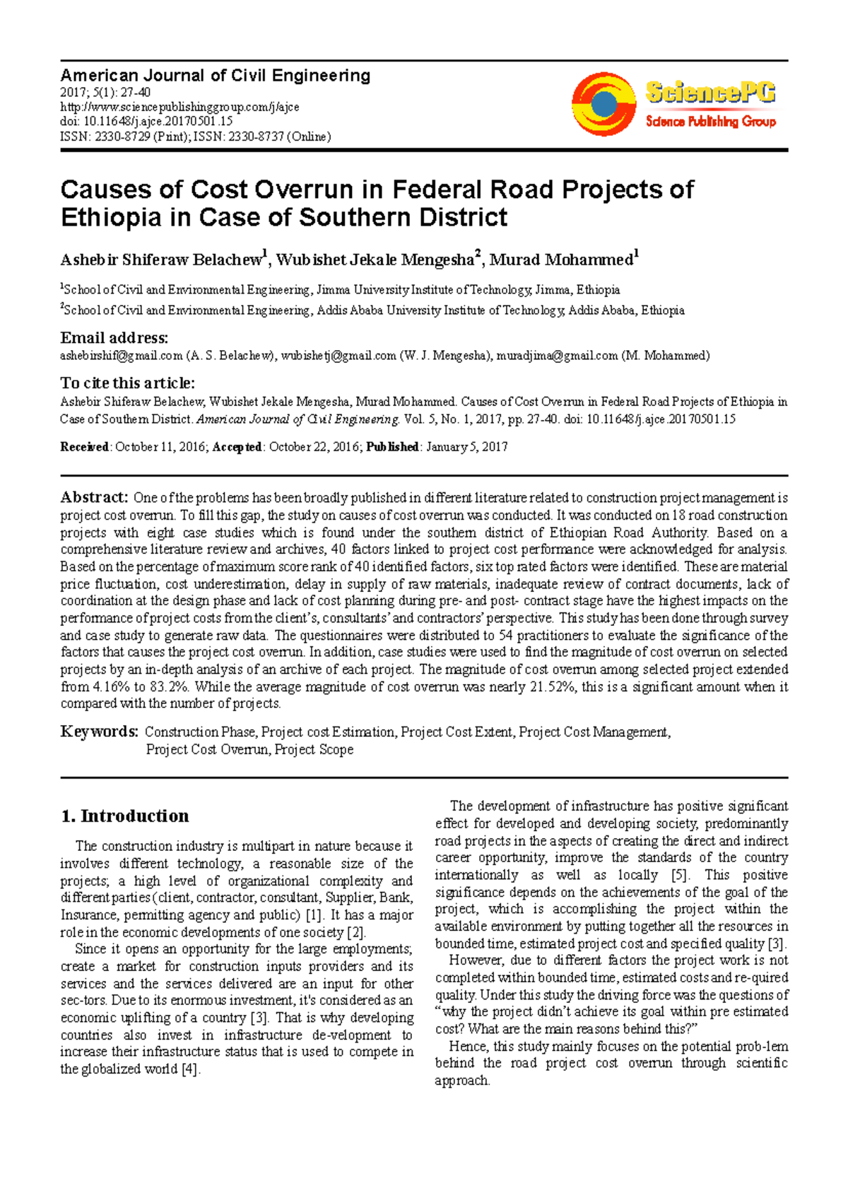 Causes of Cost Overrun in Federal Road Projects of - American Journal ...