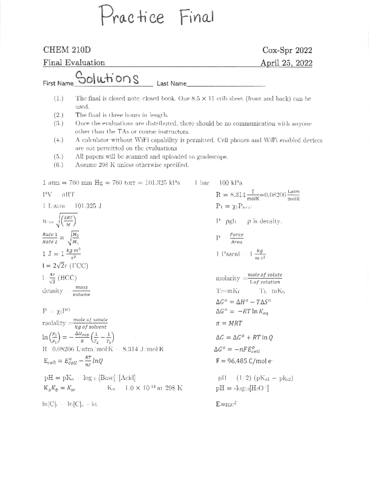Practice Final Solutions - Physics141L - Studocu