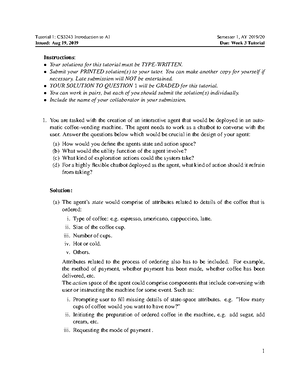 Tutorial 1 CS3243 Intro to Artificial Intelligence - CS3243 Introduction to Artificial ...