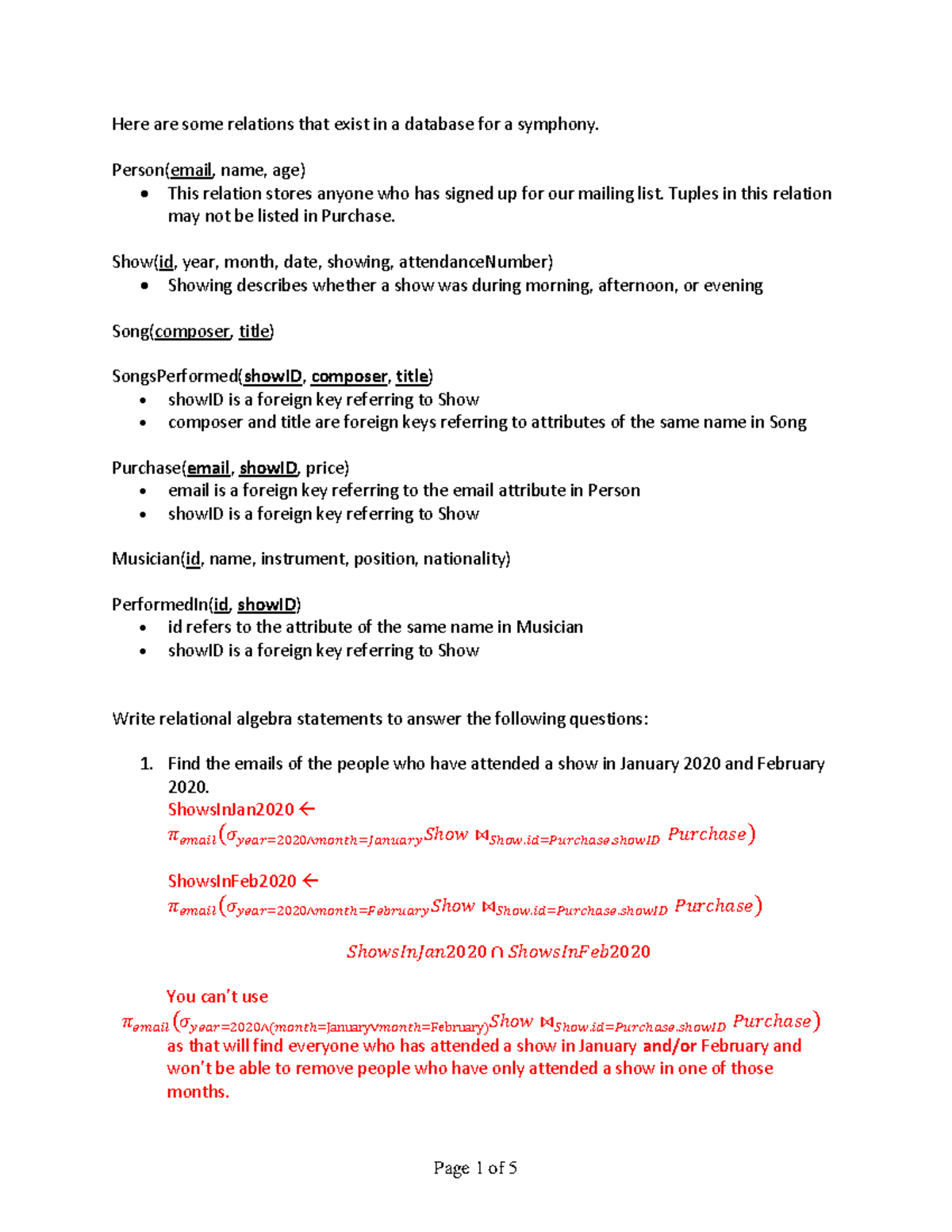 Relational algebra 2 answers - Here are some relations that exist in a ...