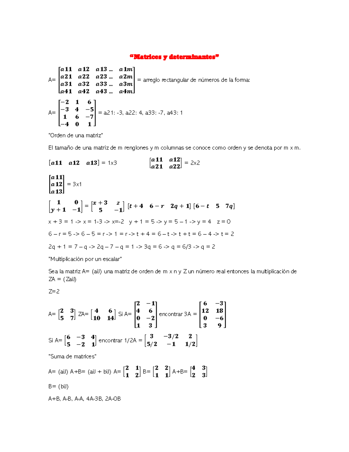 Unidad 1 Algebra Lineal - “Matrices y determinantes” A= [ 𝒂𝟏𝟏 𝒂𝟏𝟐 𝒂𝟏𝟑 ...