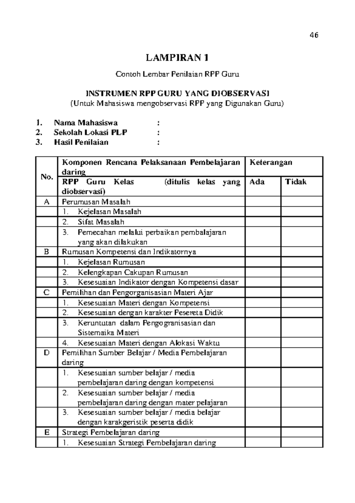 Lampiran Untuk Mahasiswa - LAMPIRAN 1 Contoh Lembar Penilaian RPP Guru INSTRUMEN RPP GURU YANG ...