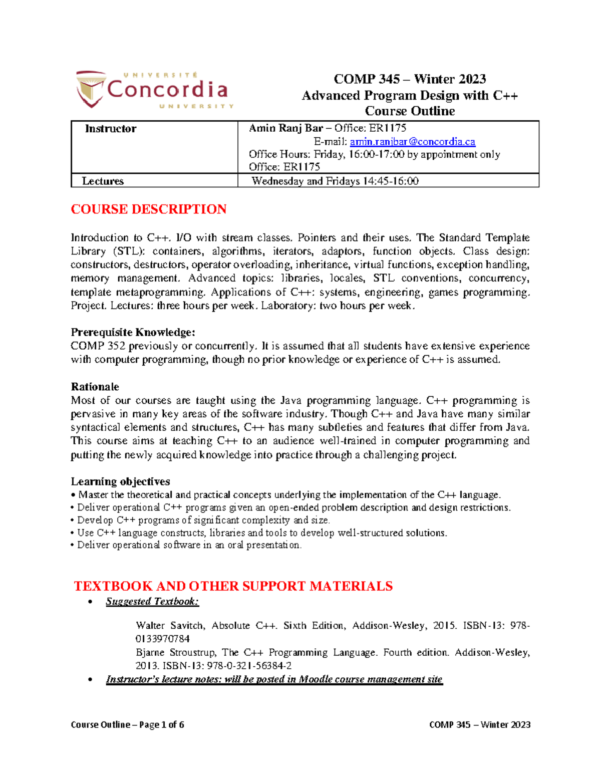 COMP 345 – winter 2023 - outline - COMP 345 – Winter 2023 Advanced Program Design with C++ ...