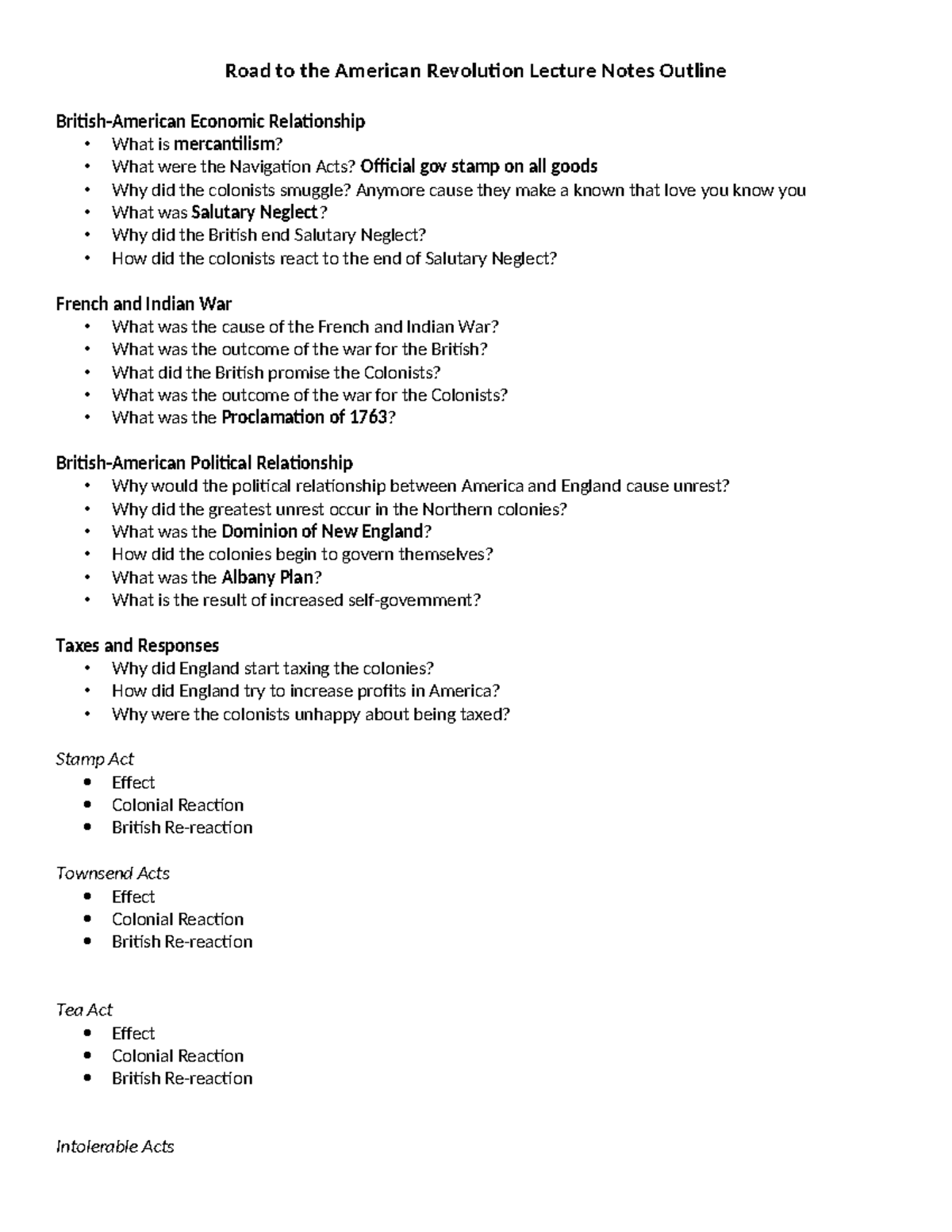 Road to the American Revolution Note Outline 2 - Road to the American ...