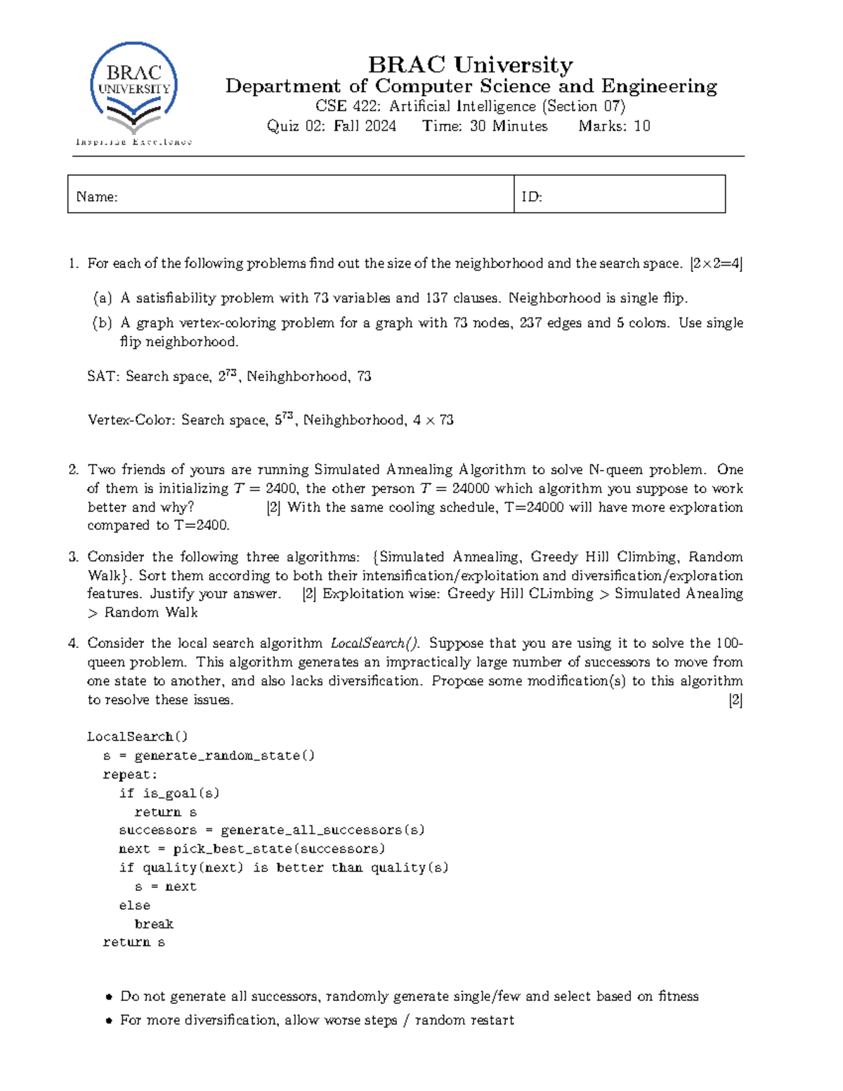Fall 24 CSE422 Quiz02-07 - BRAC University Department of Computer Science and Engineering CSE ...