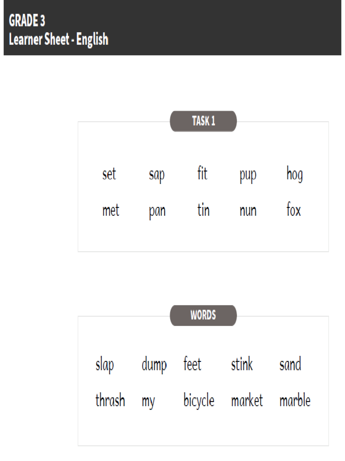 Crla 1 - crla - GRADE 3 Learner . TASK1 set sap fit pup hog met pan tin nun fox WORDS slap dump ...