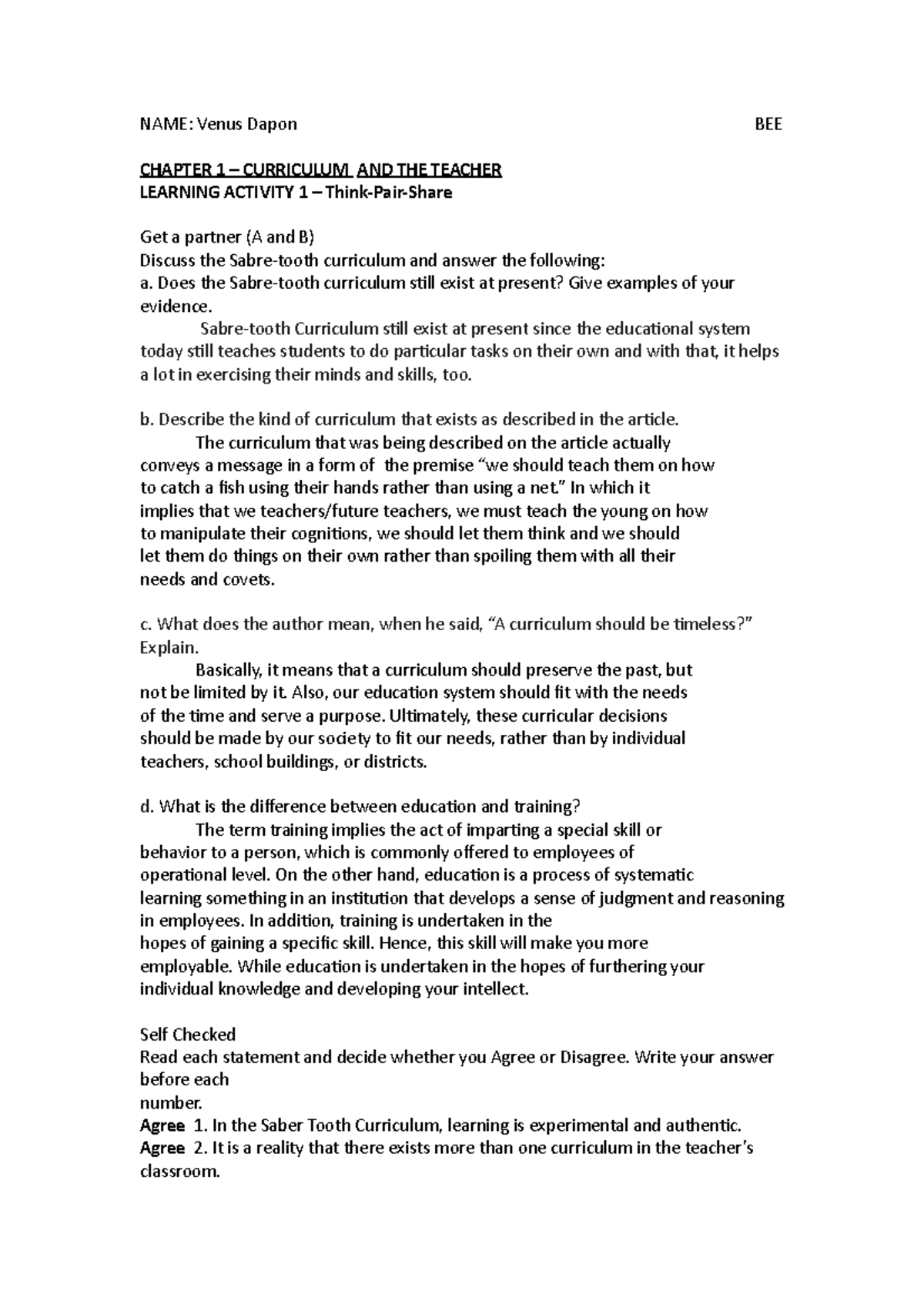 Module IN THE Teacher AND THE School Curriculum - NAME: Venus Dapon BEE ...