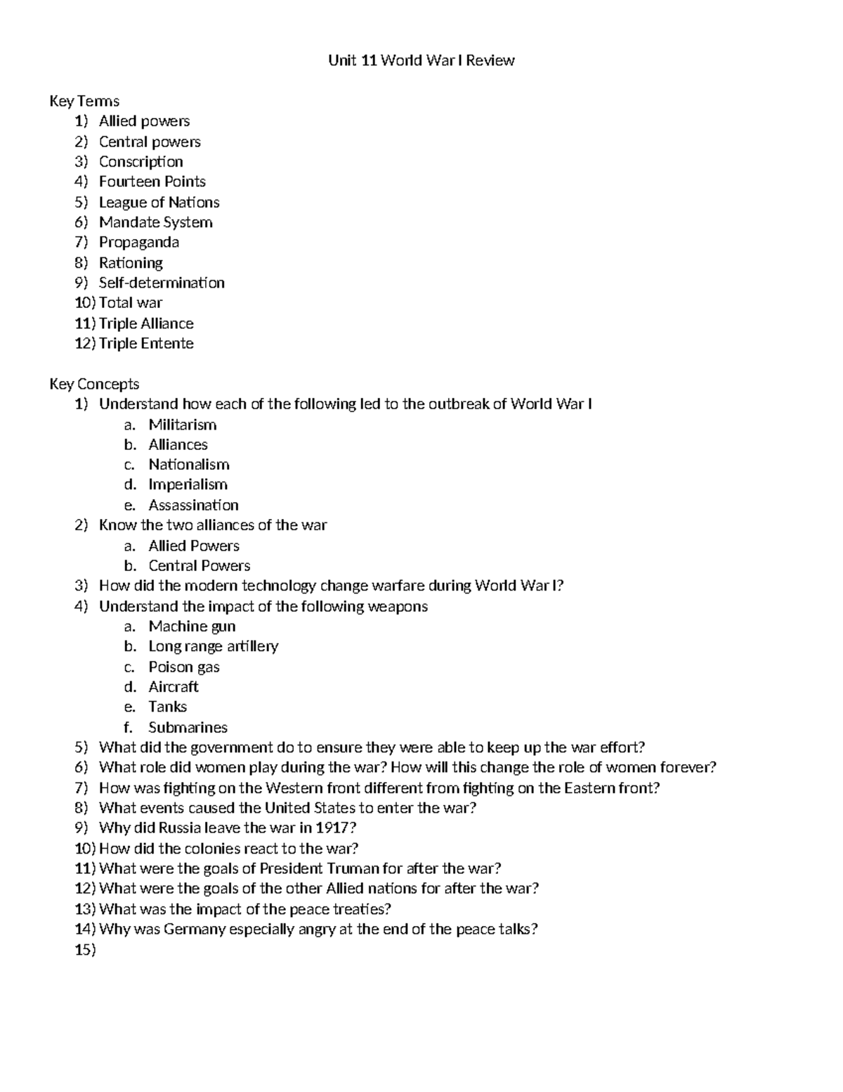 Unit 11 World War I Review - Unit 11 World War I Review Key Terms ...