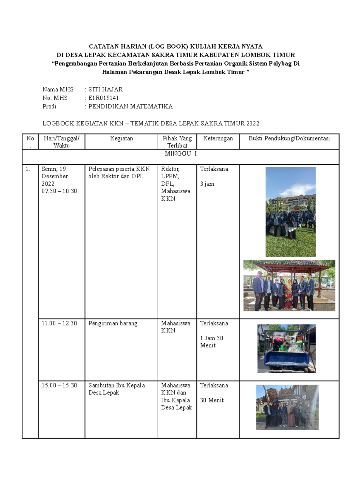 Logbook Siti Hajar Minggu Ke-3 - CATATAN HARIAN (LOG BOOK) KULIAH KERJA ...