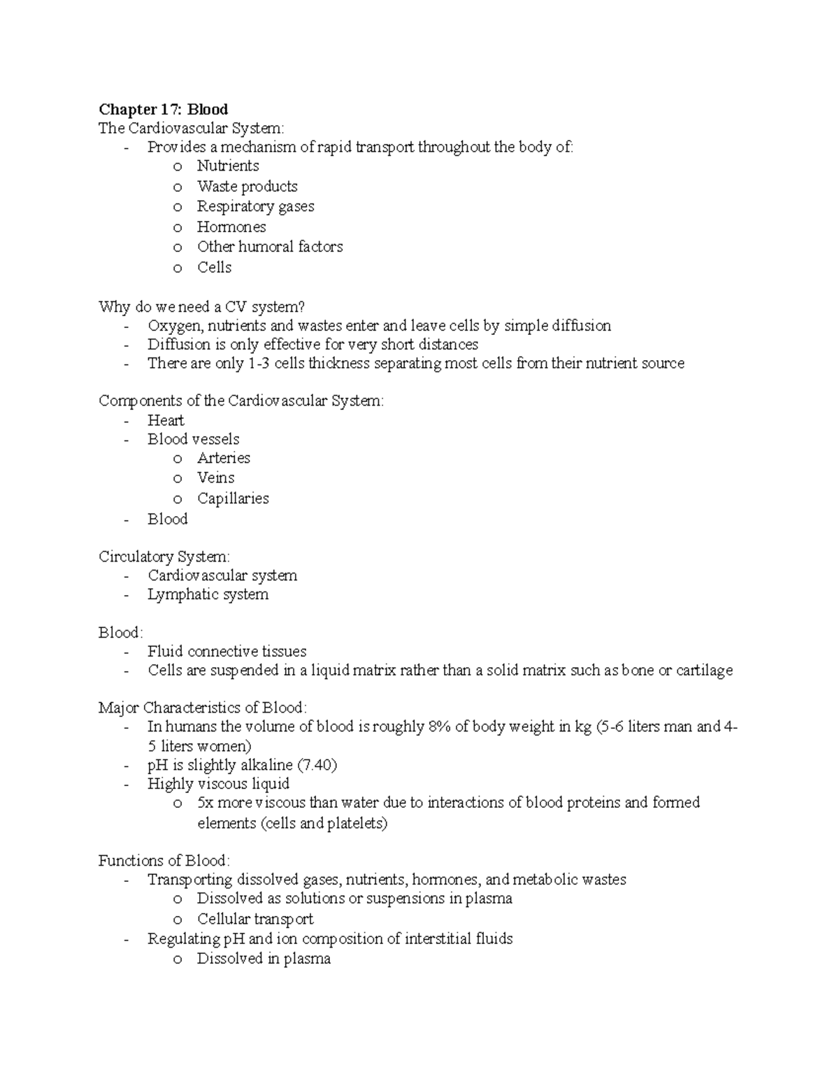 Chapter 17- Blood - Chapter 17: Blood The Cardiovascular System ...